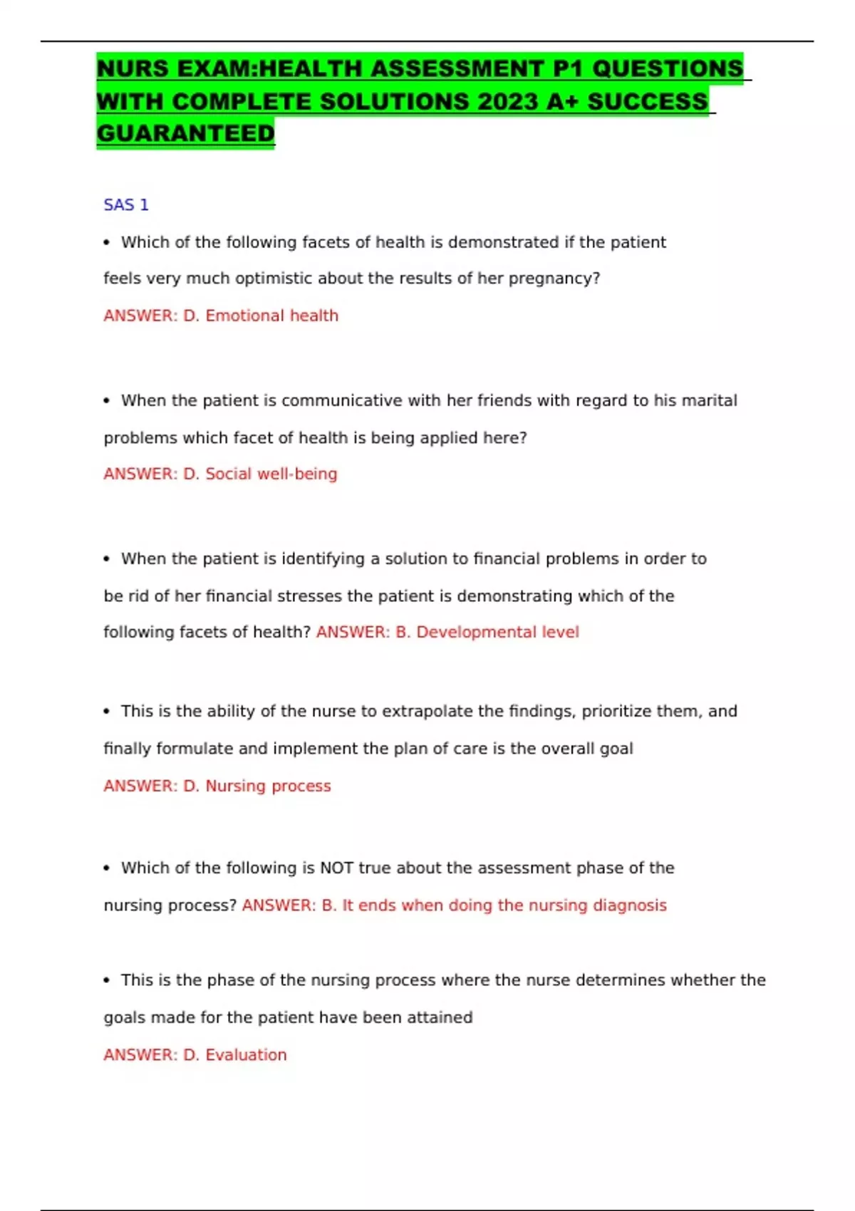 NURS EXAM:HEALTH ASSESSMENT P1 QUESTIONS WITH COMPLETE SOLUTIONS 2023 ...