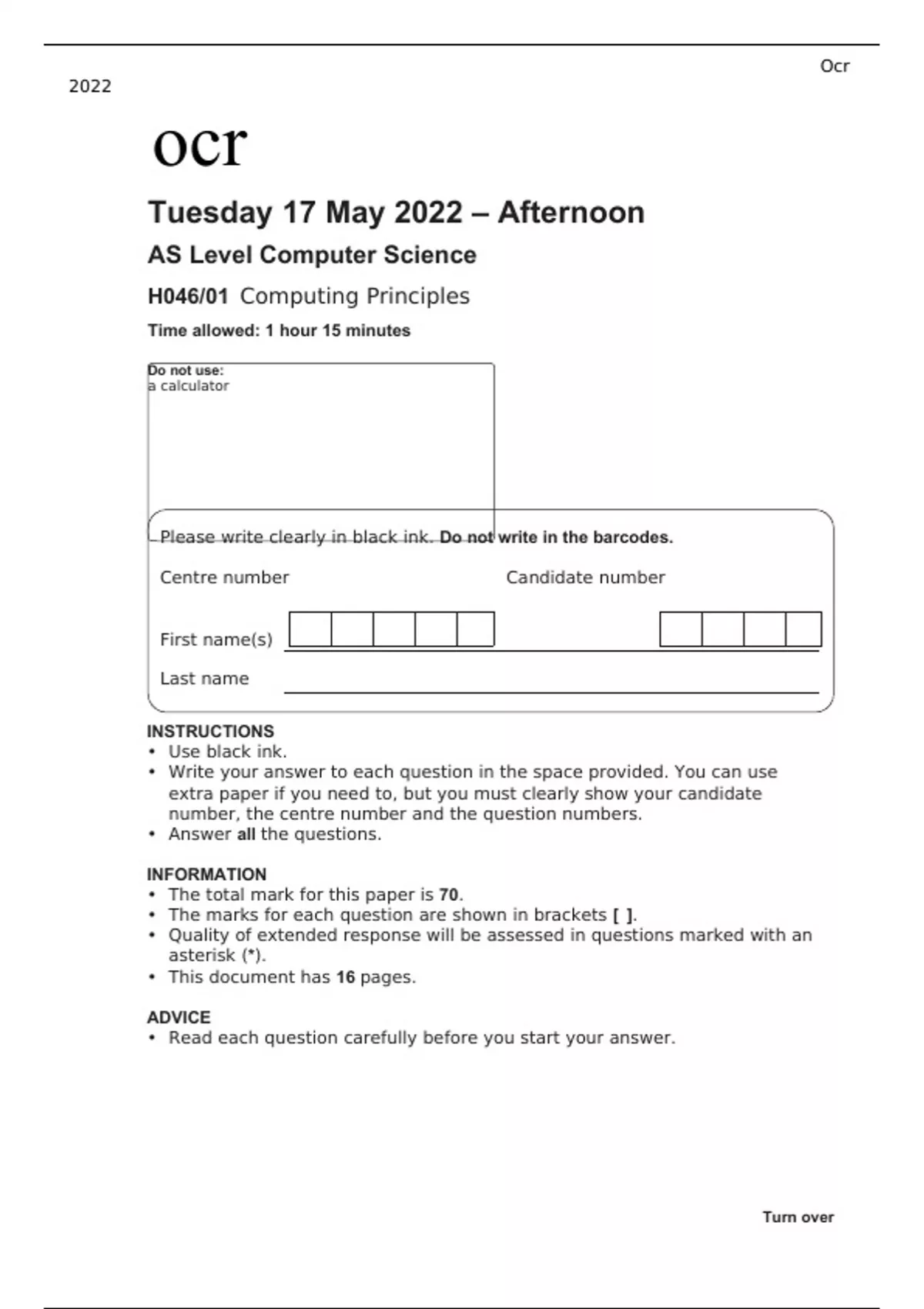 ocr AS Level Computer Science H046-01 Question Paper May2022 - AS Level Computer Science H046-01 ...