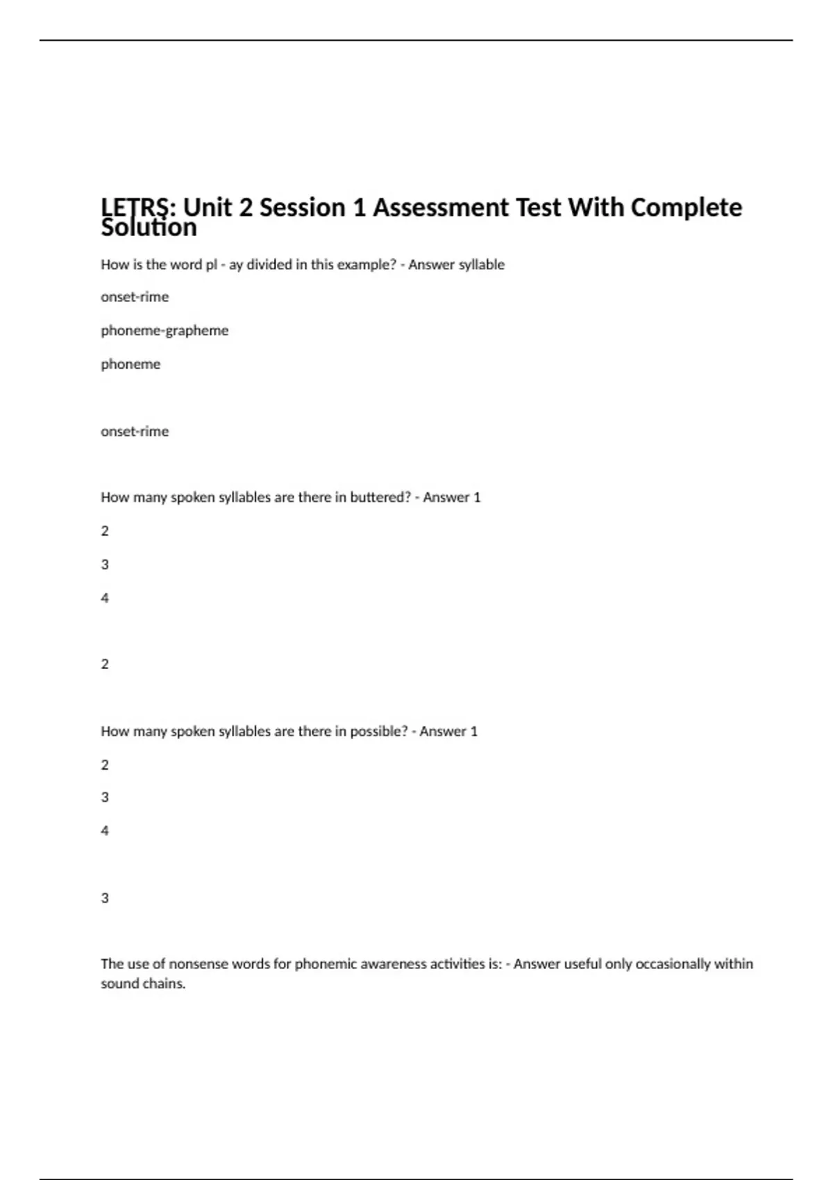 LETRS: Unit 2 Session 1 Assessment Test With Complete Solution - Letrs ...