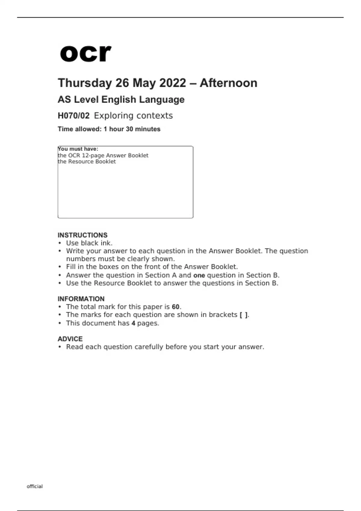 ocr AS Level English Language (H070-02) Question Paper May 2022 - AS Level English Language -QP ...