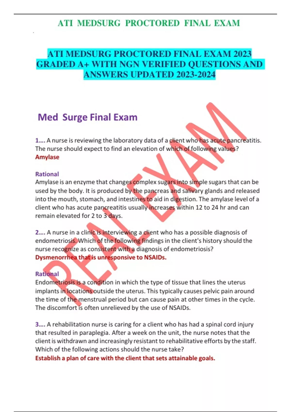 ATI MEDSURG PROCTORED FINAL EXAM 2023 GRADED A+ WITH NGN VERIFIED ...