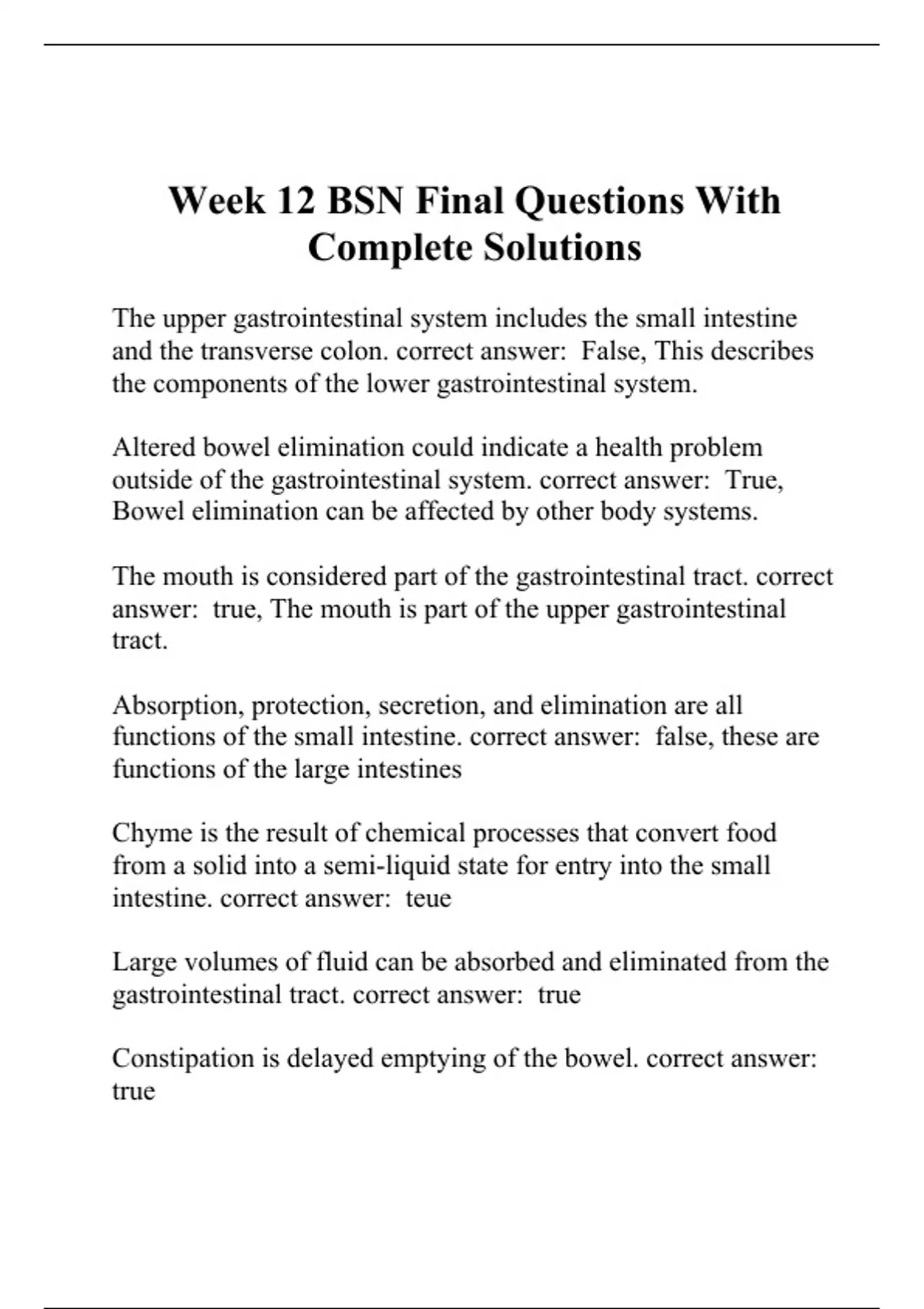 Week 12 BSN Final Questions With Complete Solutions - BSN 205 - Stuvia US