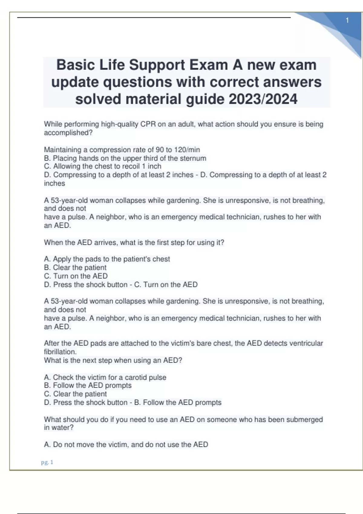 Basic Life Support Exam A new exam update questions with correct ...