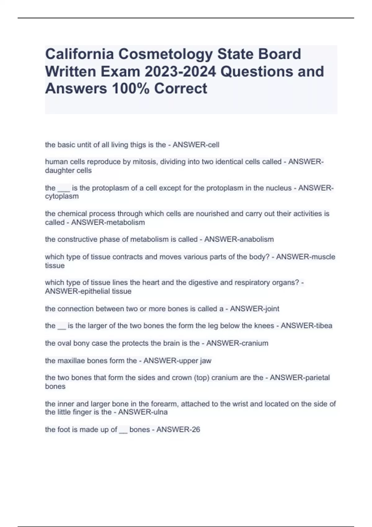California Cosmetology State Board Written Exam Questions and Answers ...