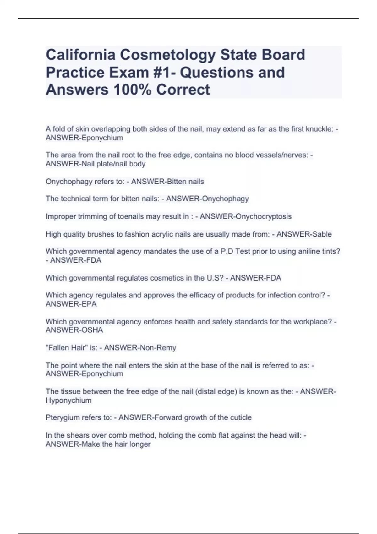 California Cosmetology State Board Practice Exam #1- Questions and ...