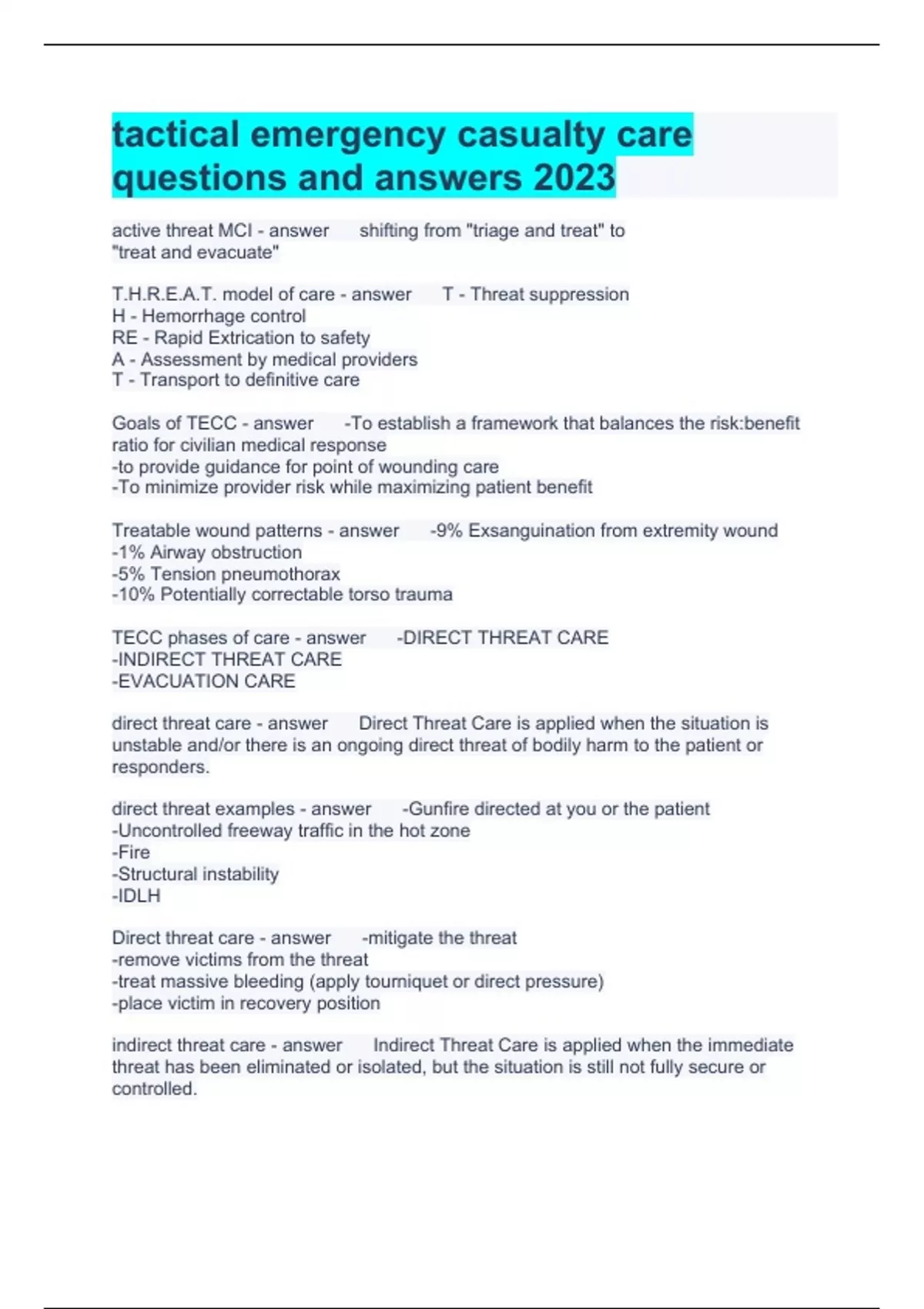 tactical emergency casualty care questions and answers 2023 - Tecc ...