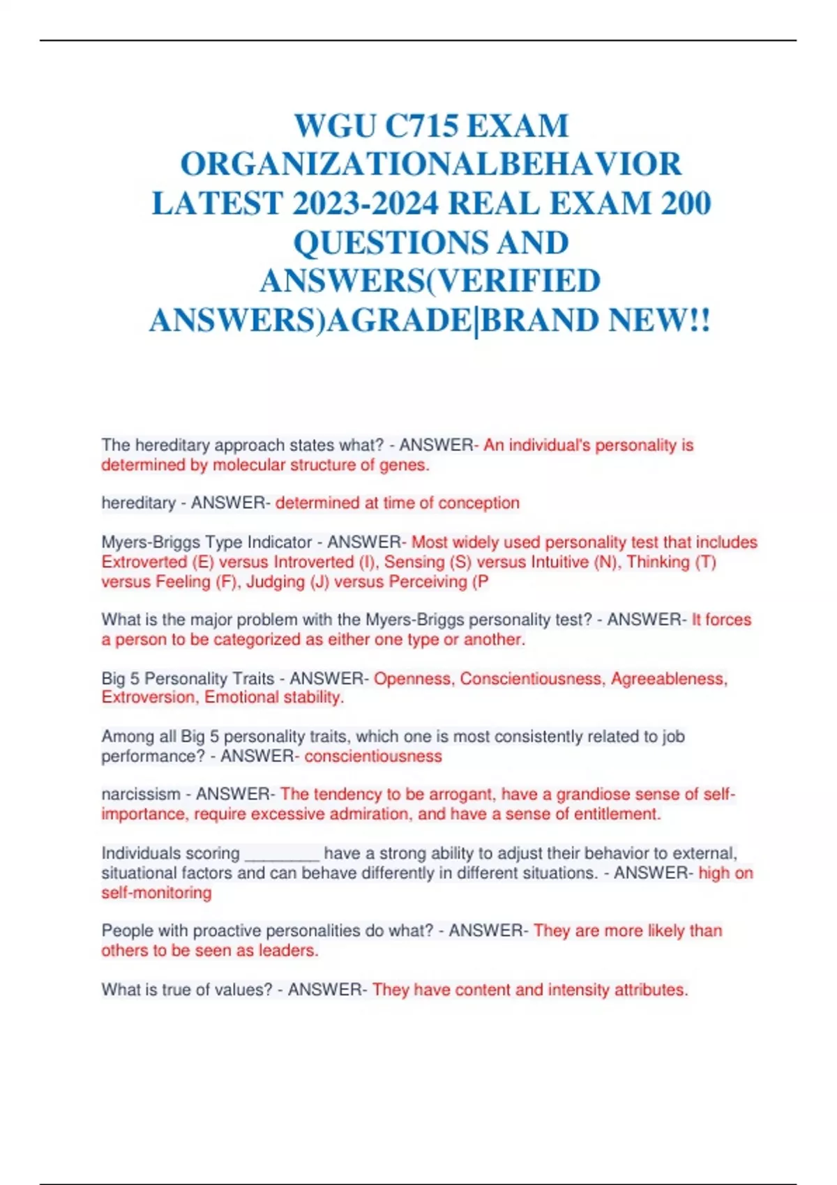 WGU C715 EXAM ORGANIZATIONALBEHAVIOR LATEST REAL EXAM 200 QUESTIONS AND ...