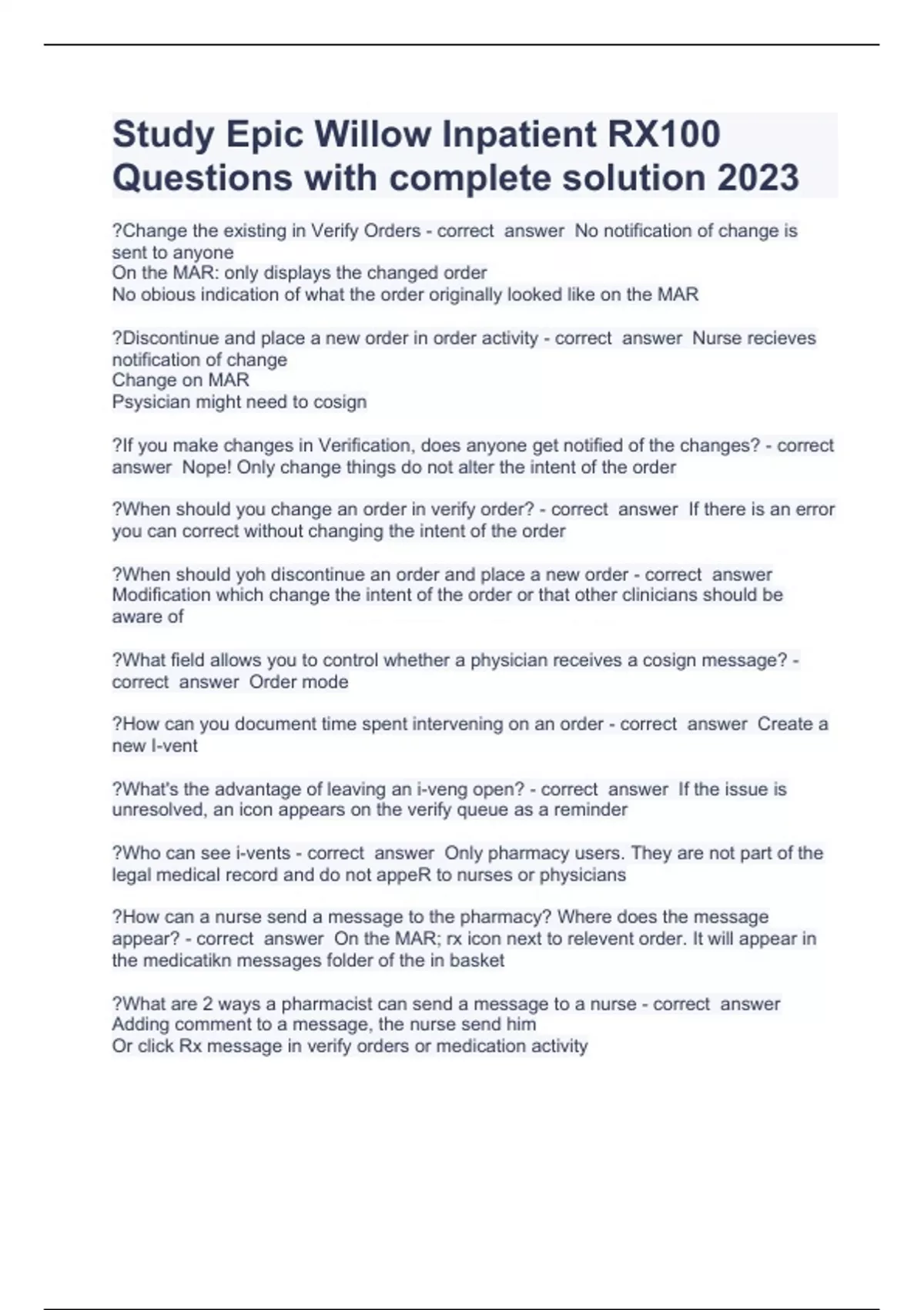 Study Epic Willow Inpatient RX100 Questions with complete solution 2023 ...