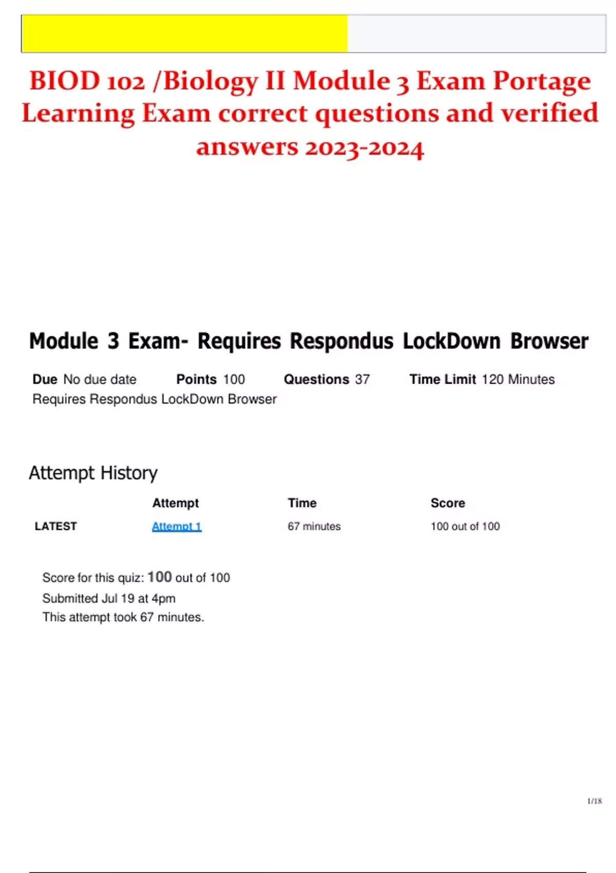 BIOD 102 /Biology II Module 3 Exam Portage Learning Exam correct ...