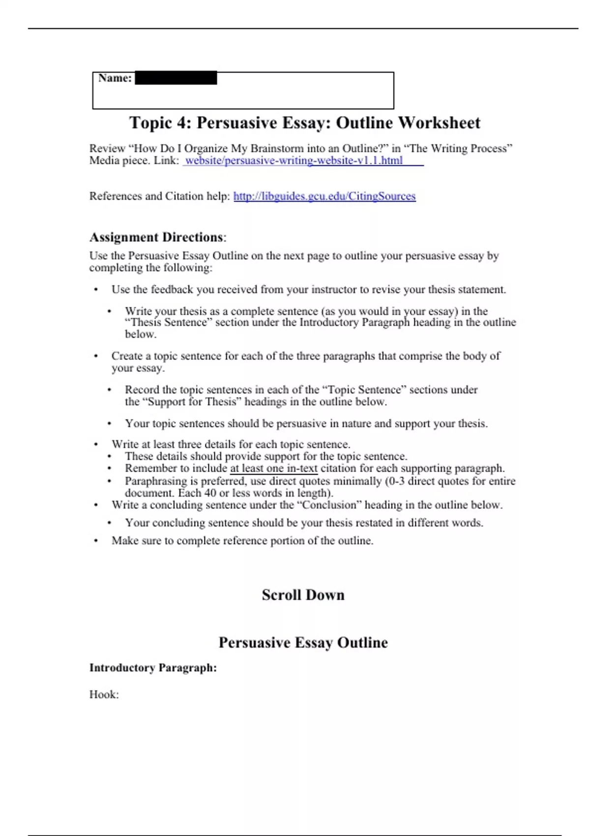 PHI 105 Topic 4 Assignment Persuasive Essay Outline Worksheet Grand Canyon - PHI 105 Philosophy ...