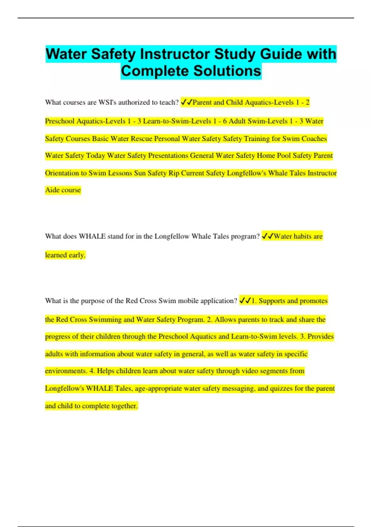 Water Safety Instructor Study Guide with Complete Solutions - Water ...