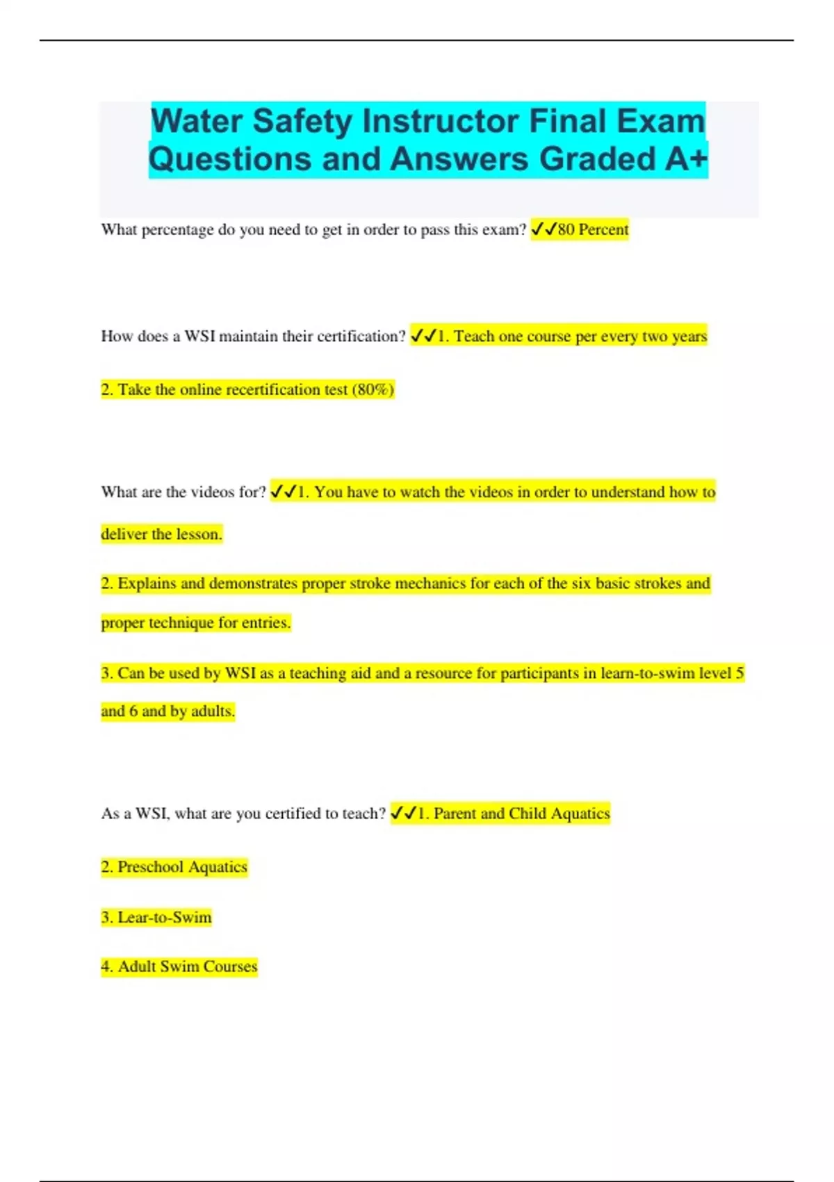 Water Safety Instructor Final Exam Questions and Answers Graded A+ ...