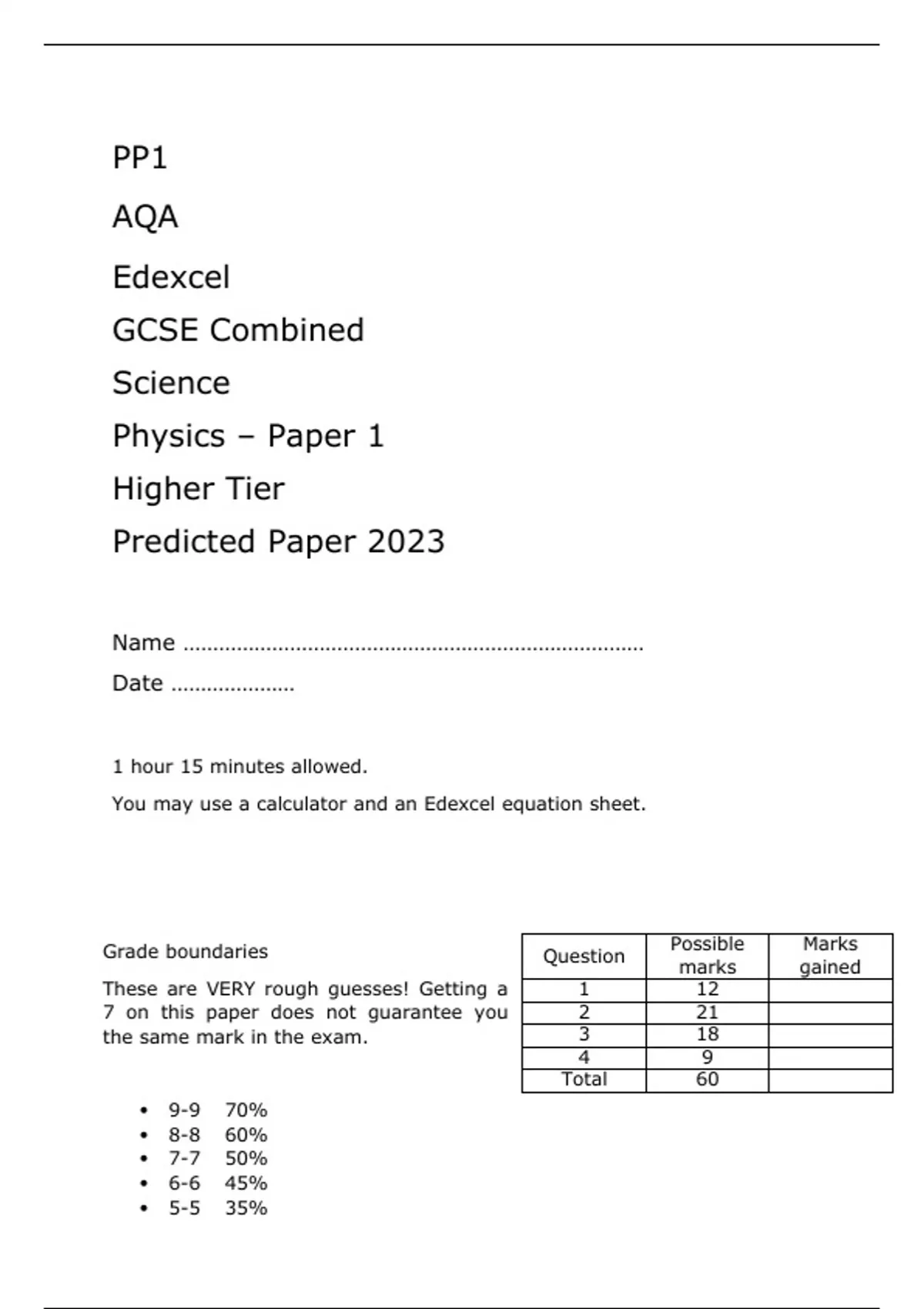 AQA EDEXCEL GCSE COMBINED SCIENCE PHYSIC HIGHER TIER PAPER 1 AND 2 ...