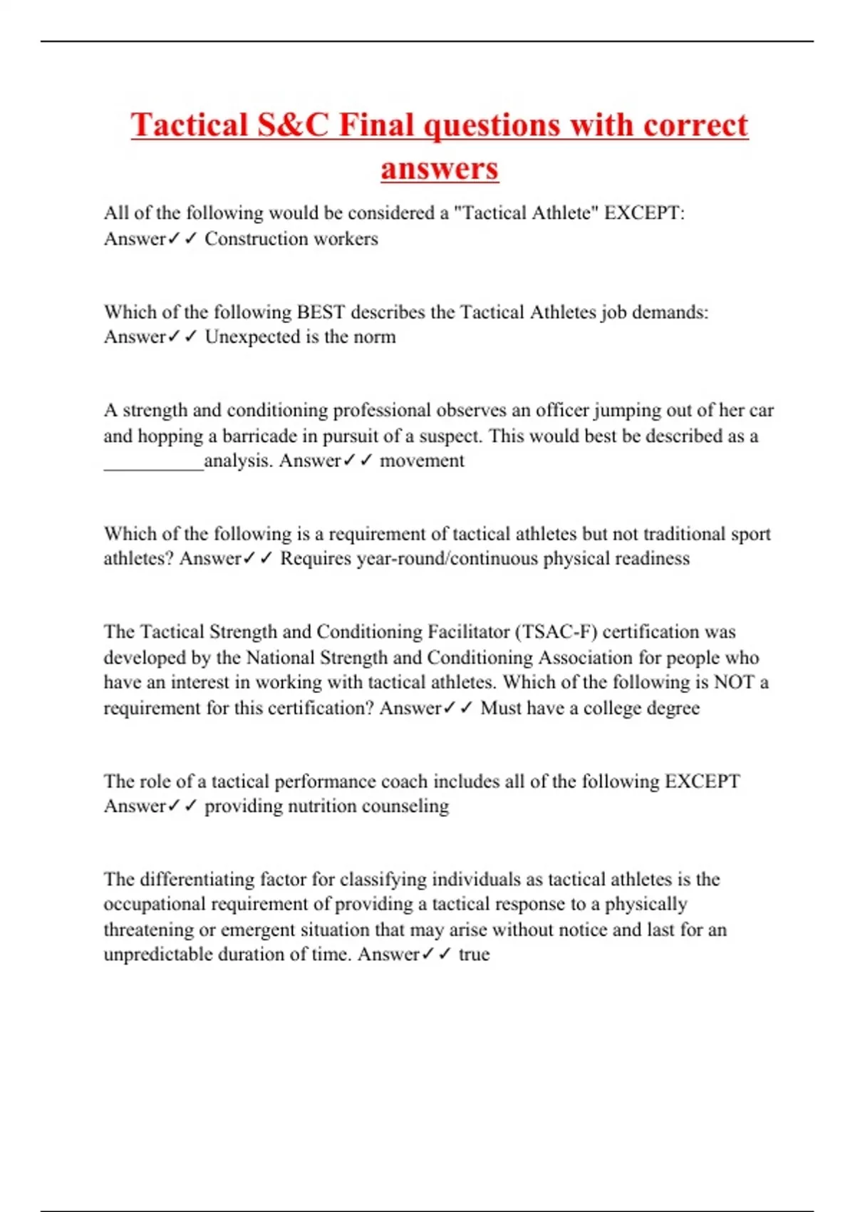 Tactical S&C Final questions with correct answers - TSAC - Stuvia US