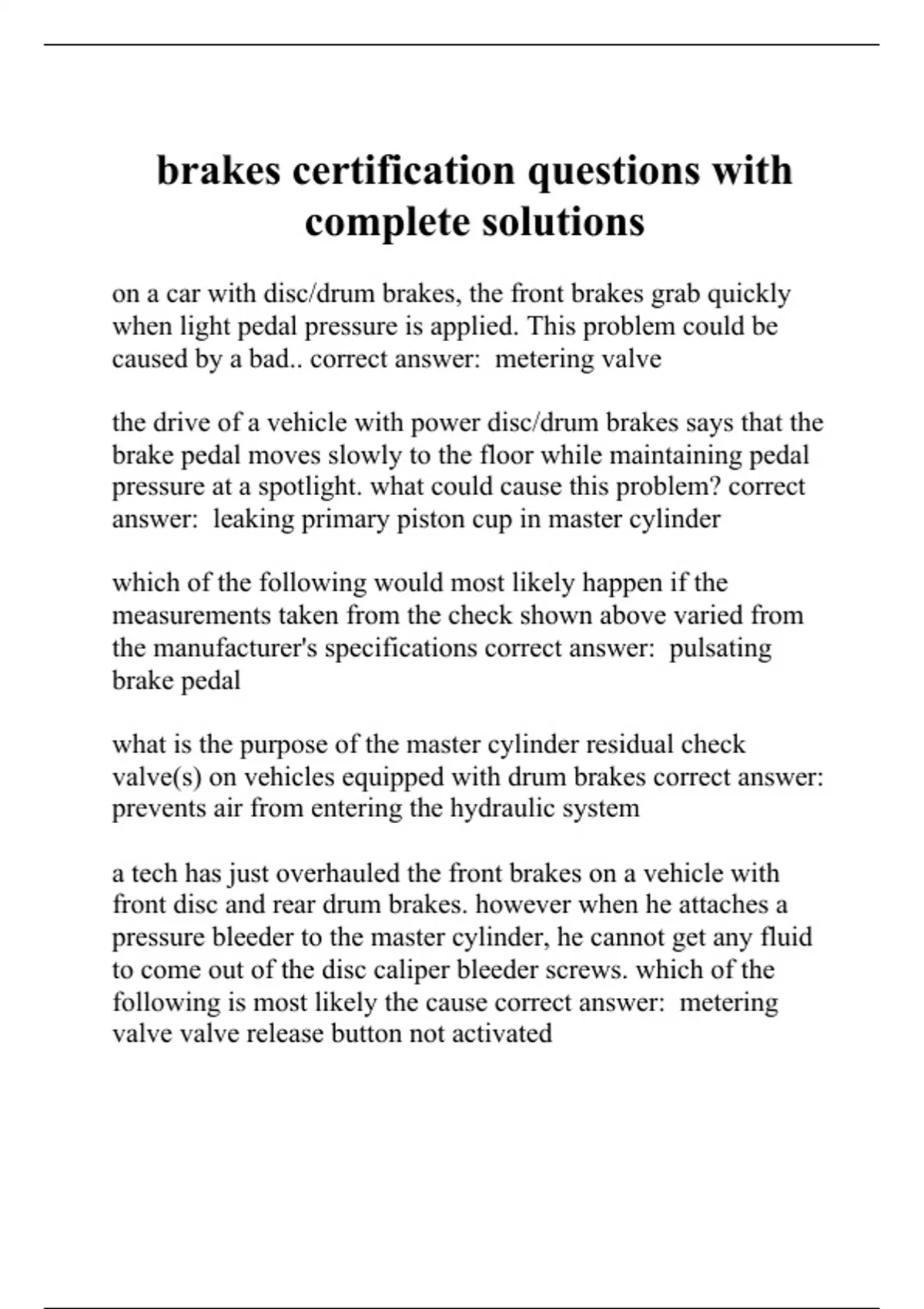 brakes certification questions with complete solutions - Brakes - Stuvia US