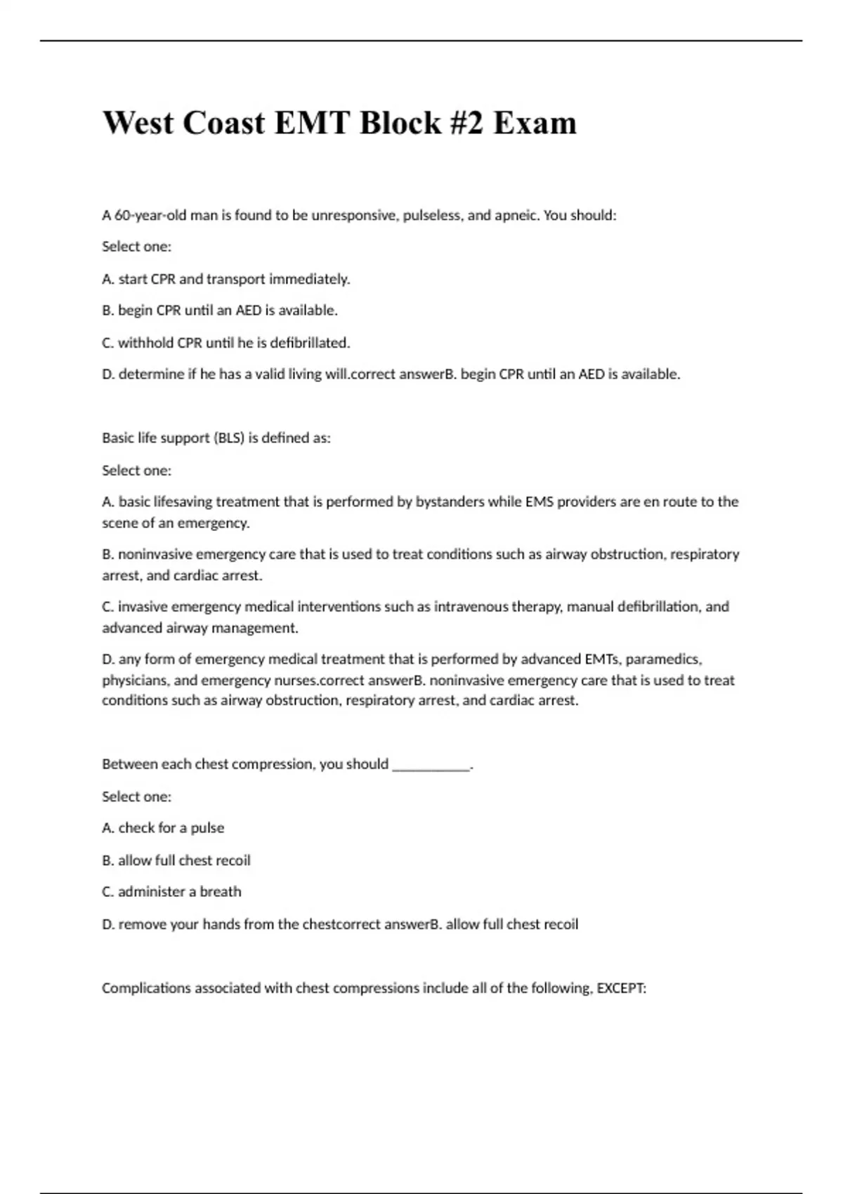 West Coast EMT Block #2 Exam 2023 questions with correct answers - West ...