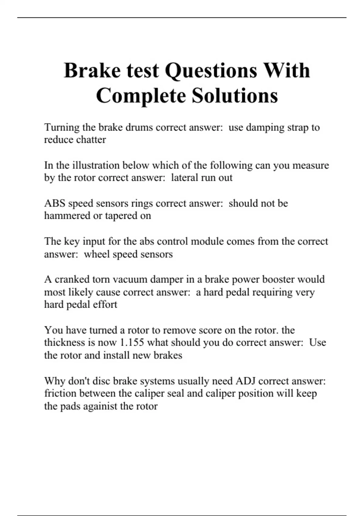 Brake test Questions With Complete Solutions - Brakes - Stuvia US