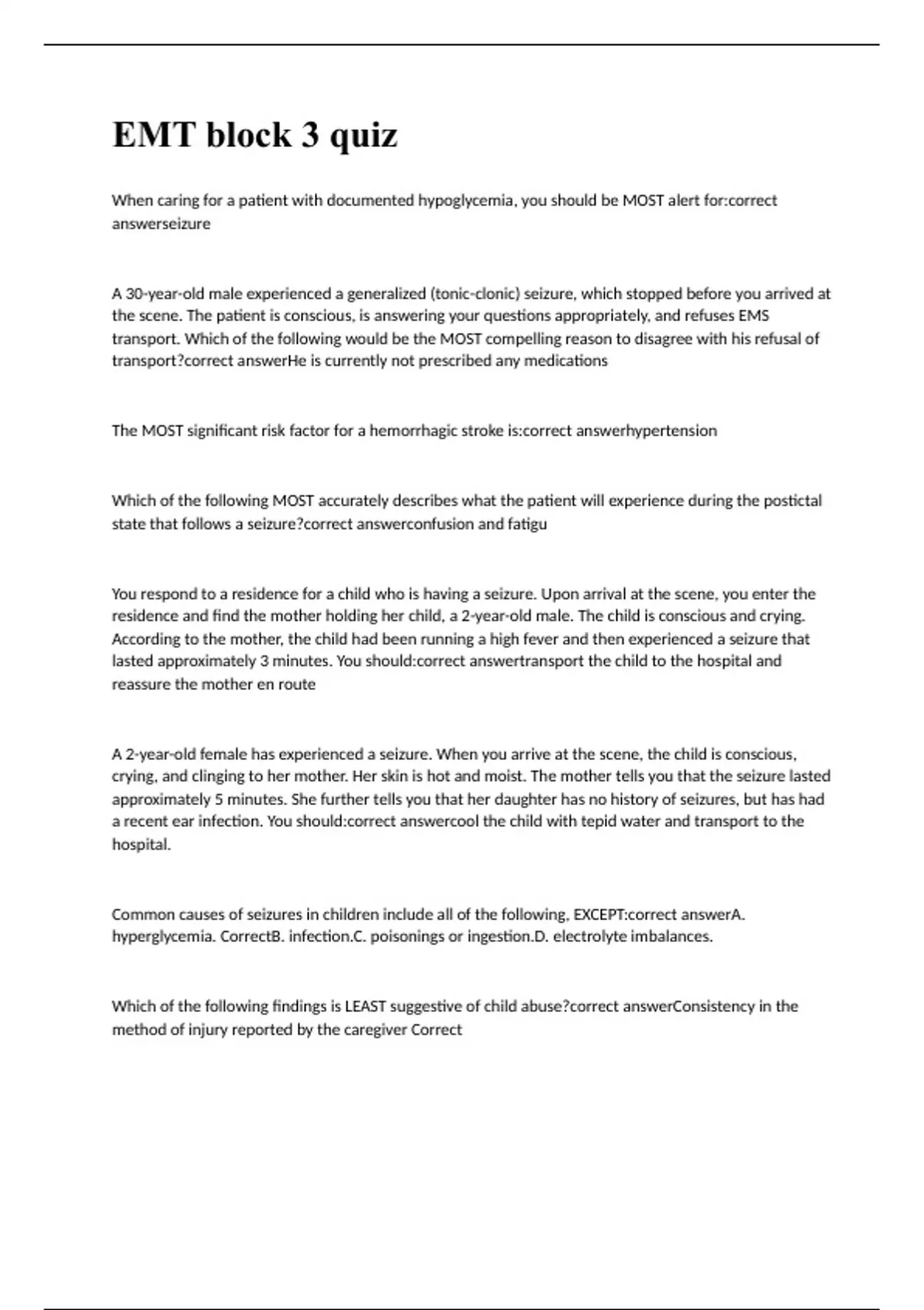 EMT block 3 quiz with complete solutions - EMT - Stuvia US