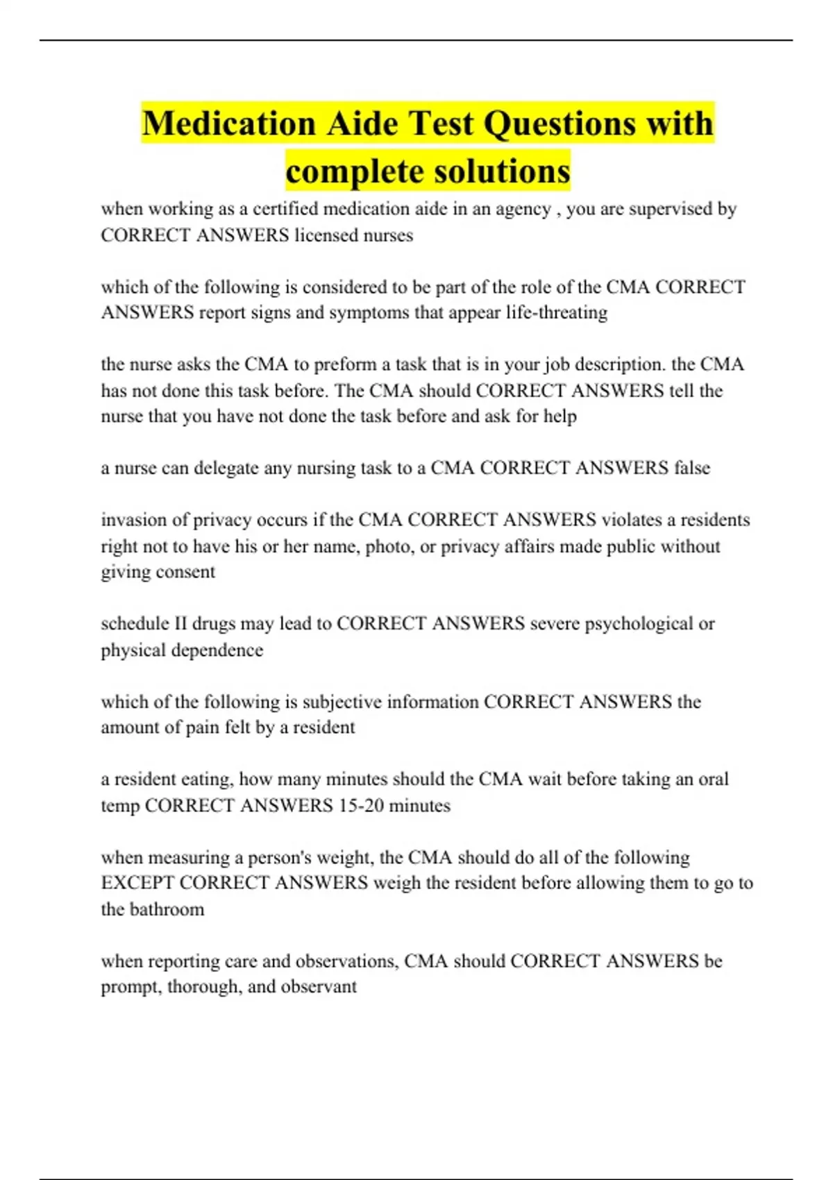 Medication Aide Test Questions with complete solutions - Certified ...
