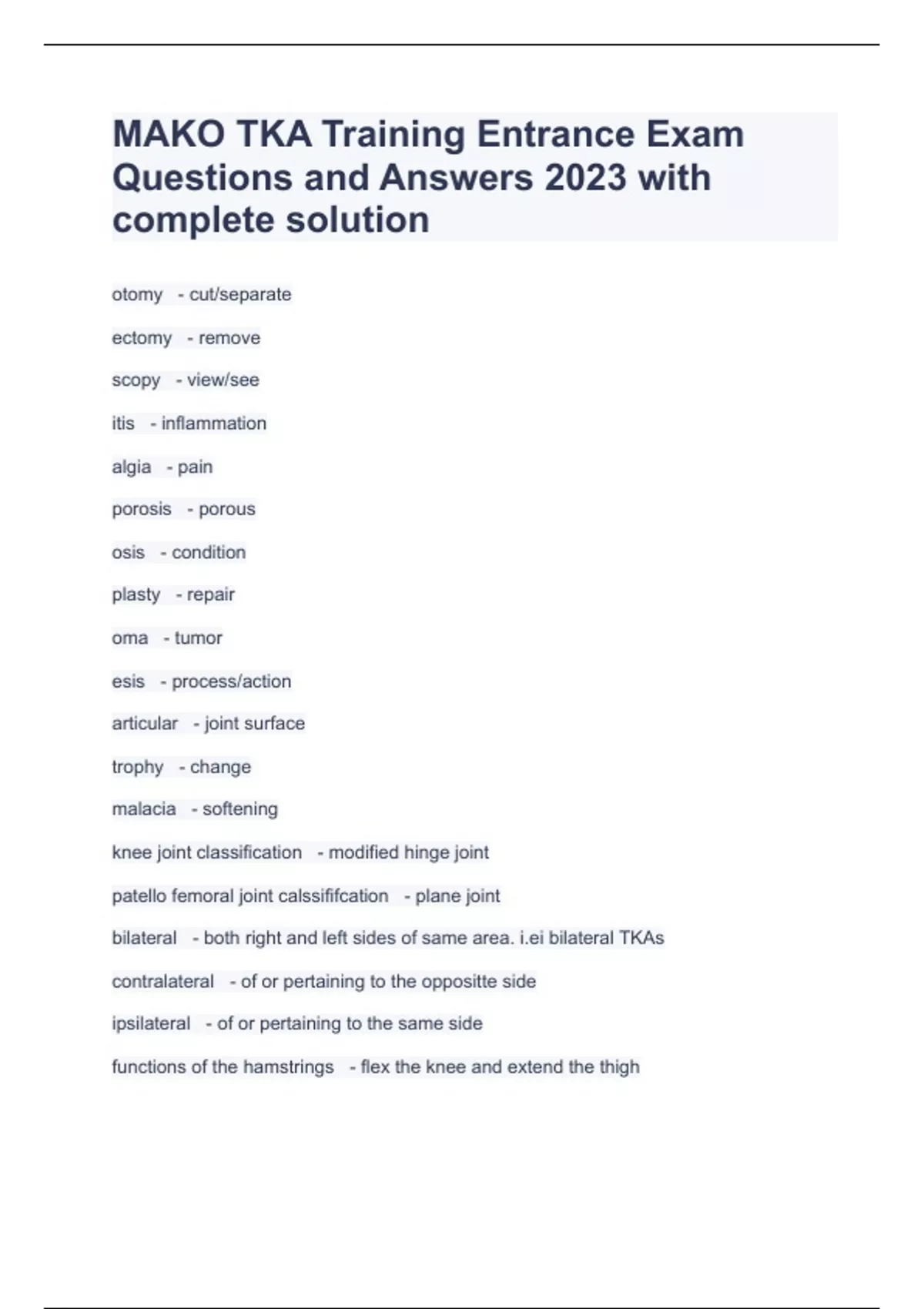 MAKO TKA Training Entrance Exam Questions and Answers 2023 with ...