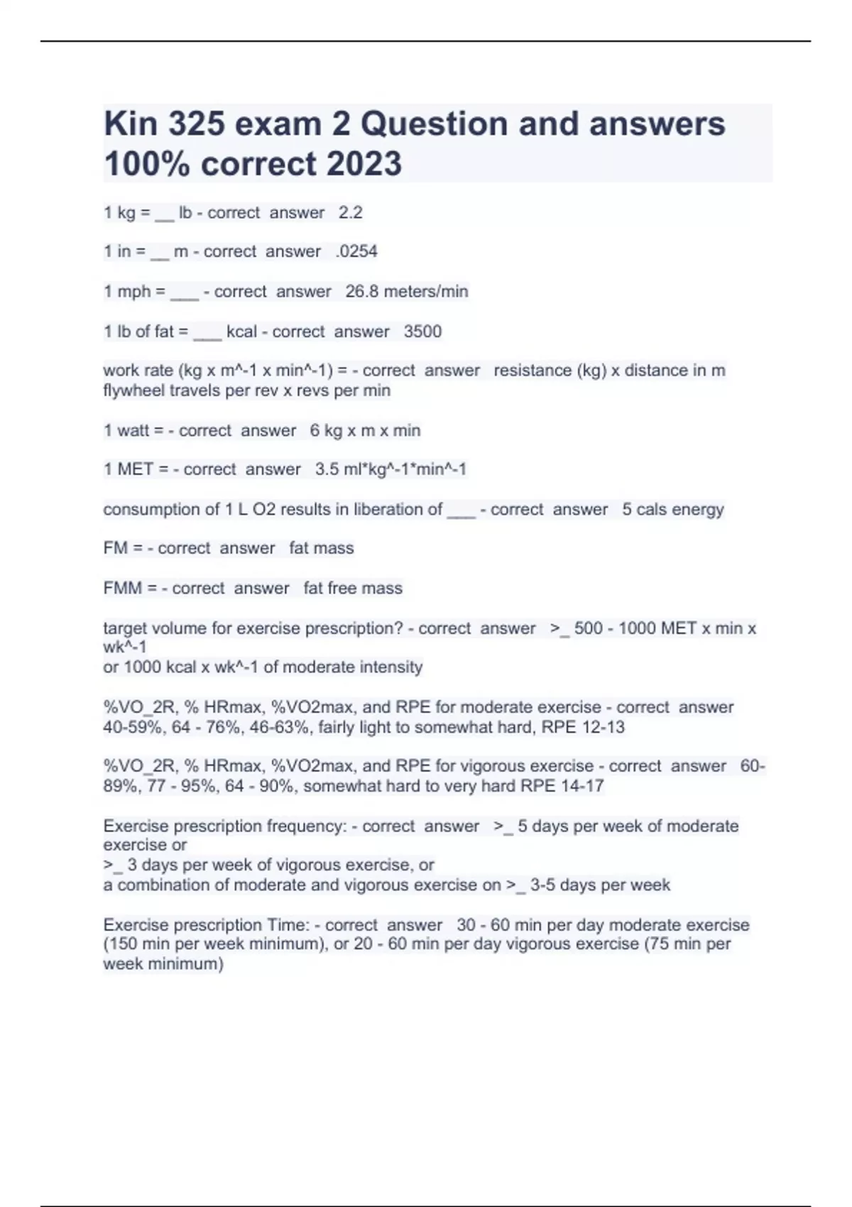 Kin 325 exam 2 Question and answers 100% correct 2023 - Kin 325 - Stuvia US