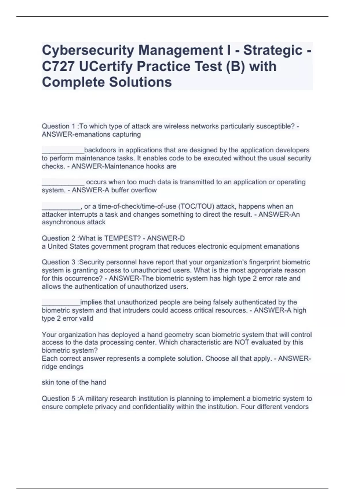 Cybersecurity Management I - Strategic - C727 UCertify Practice Test (B ...