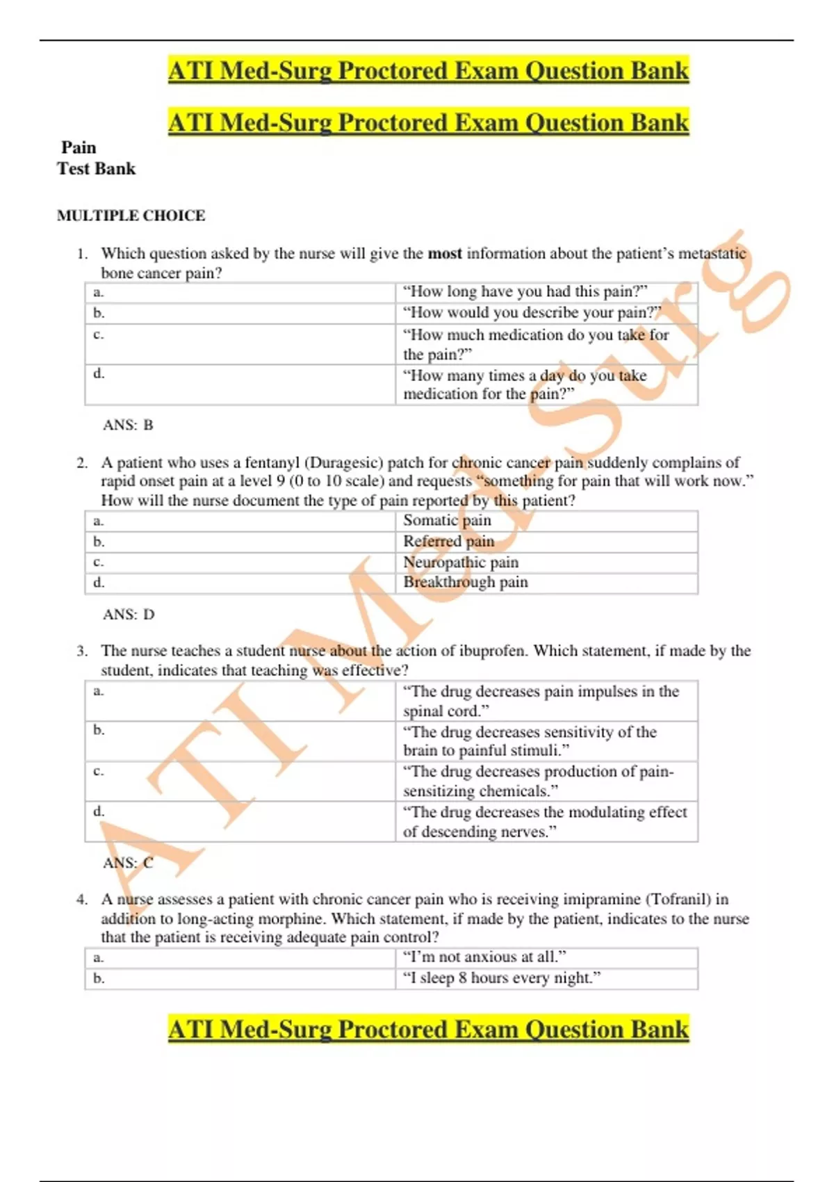 ATI Med-Surg Proctored Exam Question Bank Pain Test Bank MULTIPLE ...