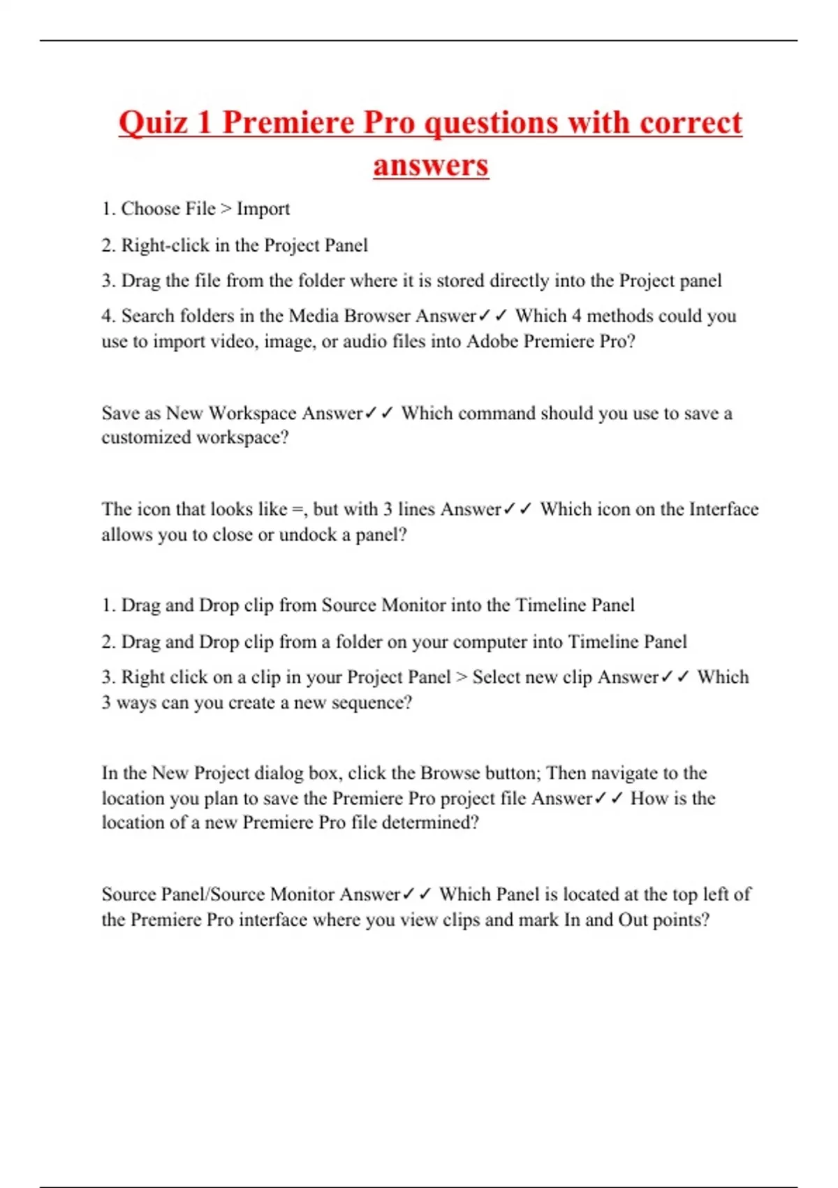 Quiz 1 Premiere Pro questions with correct answers - Premiere Pro ...