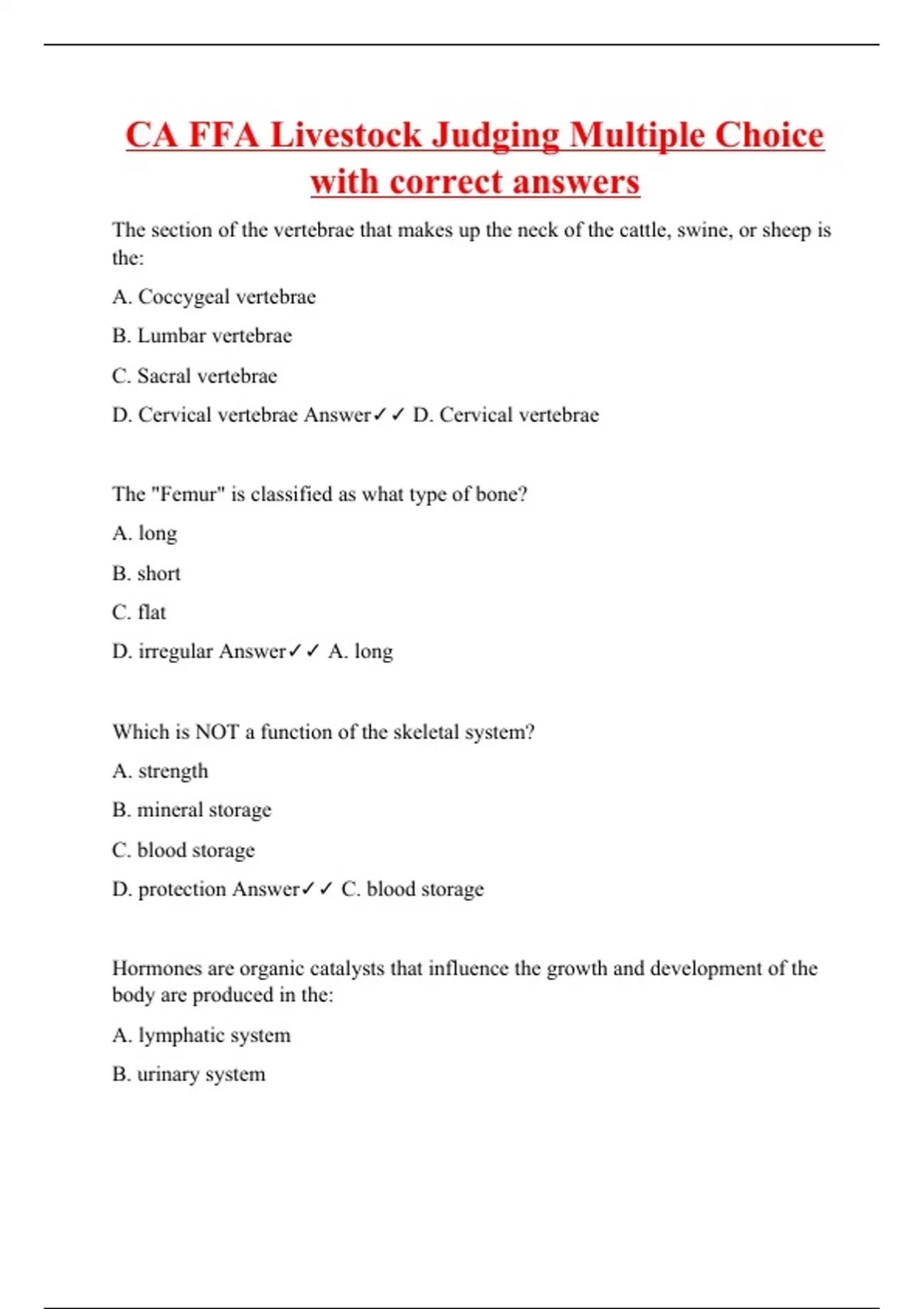 CA FFA Livestock Judging Multiple Choice with correct answers ...
