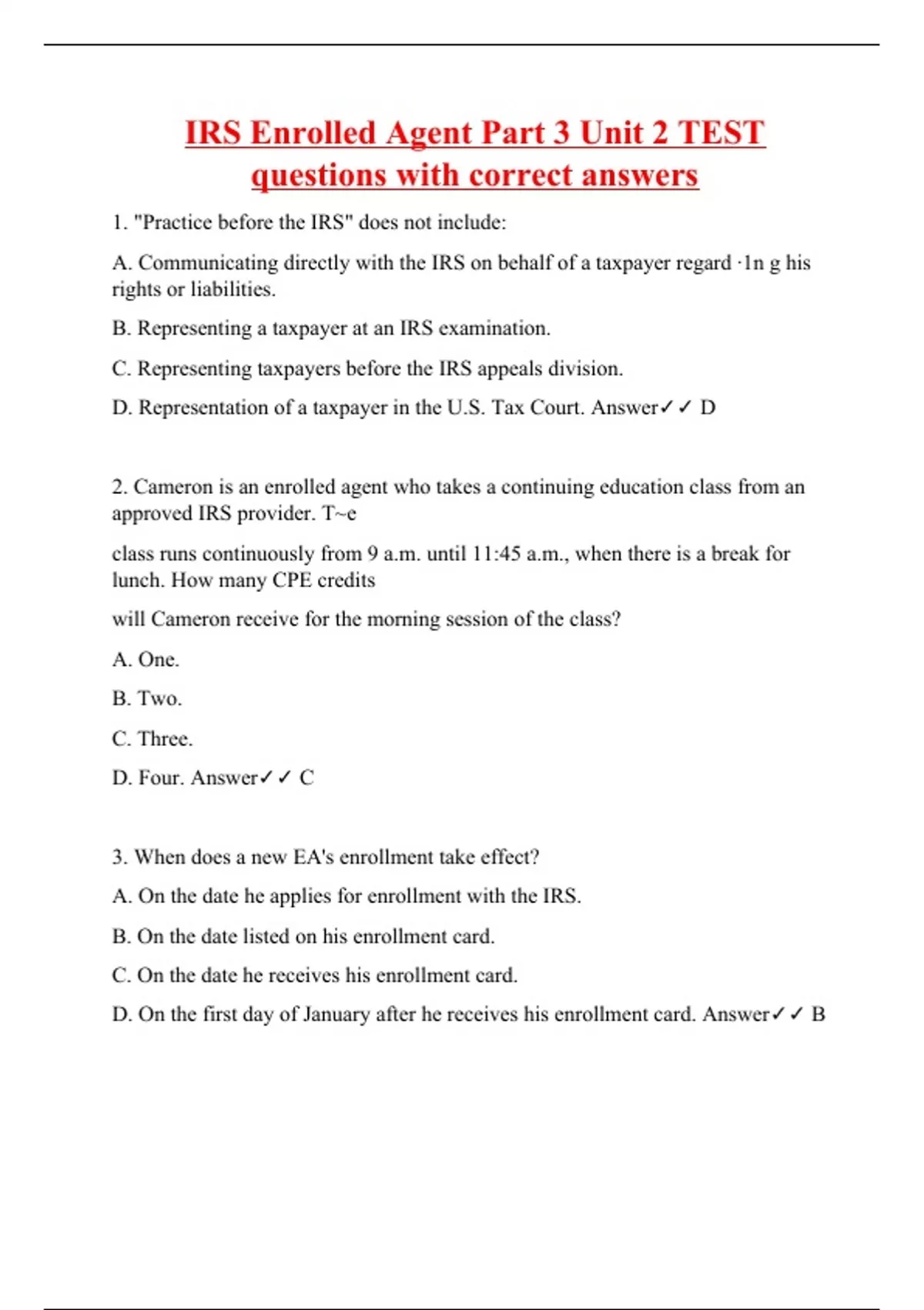 IRS Enrolled Agent Part 3 Unit 2 TEST questions with correct answers ...