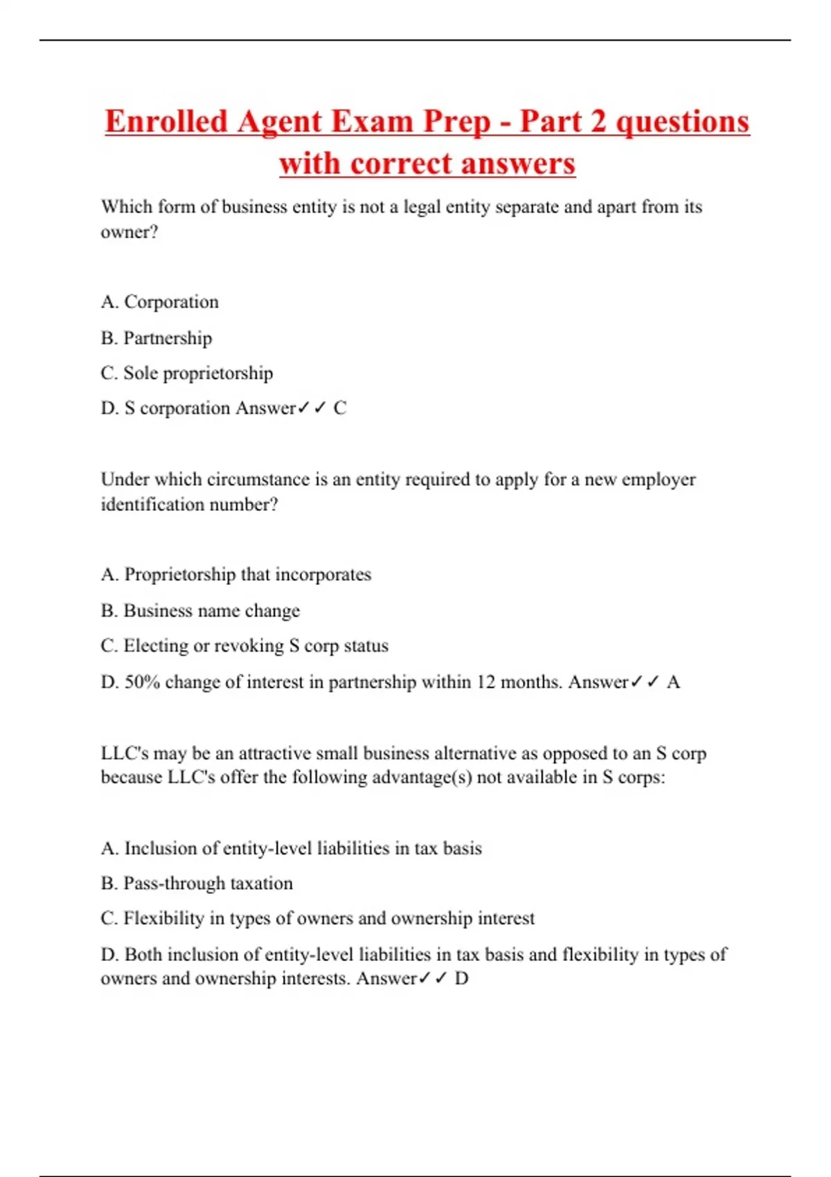 Enrolled Agent Exam Prep - Part 2 questions with correct answers - EA - Enrolled Agent - Stuvia US