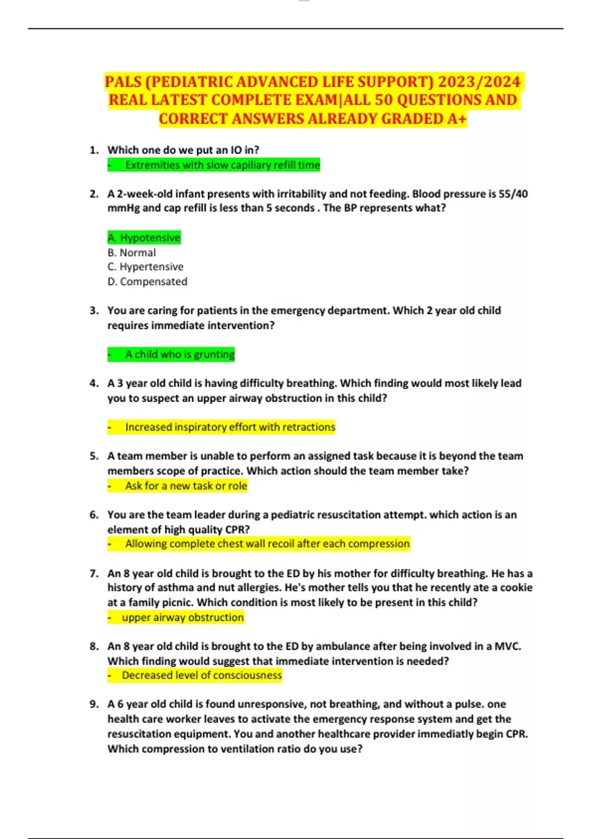 PALS (PEDIATRIC ADVANCED LIFE SUPPORT) 2023/2024 REAL LATEST COMPLETE ...
