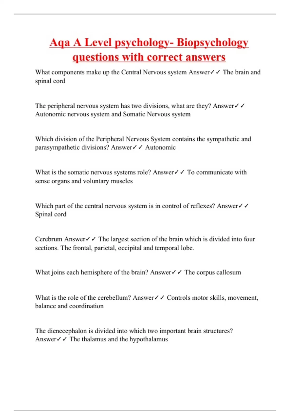 Aqa A Level psychology- Biopsychology questions with correct answers - Aqa A Level psychology ...