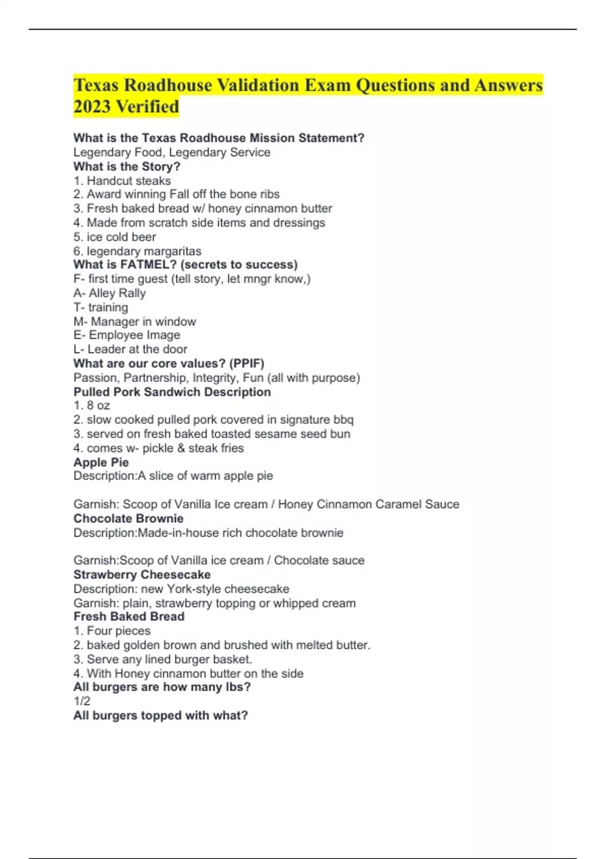 Texas Roadhouse Validation Exam Questions and Answers 2023 Verified - Texas roadhouse - Stuvia US