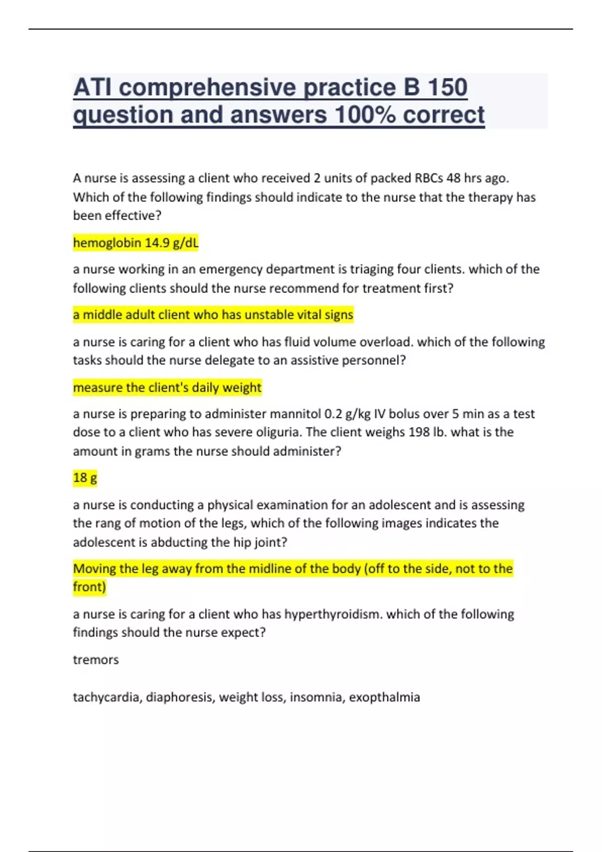 ATI comprehensive practice B 150 question and answers 100% correct ...