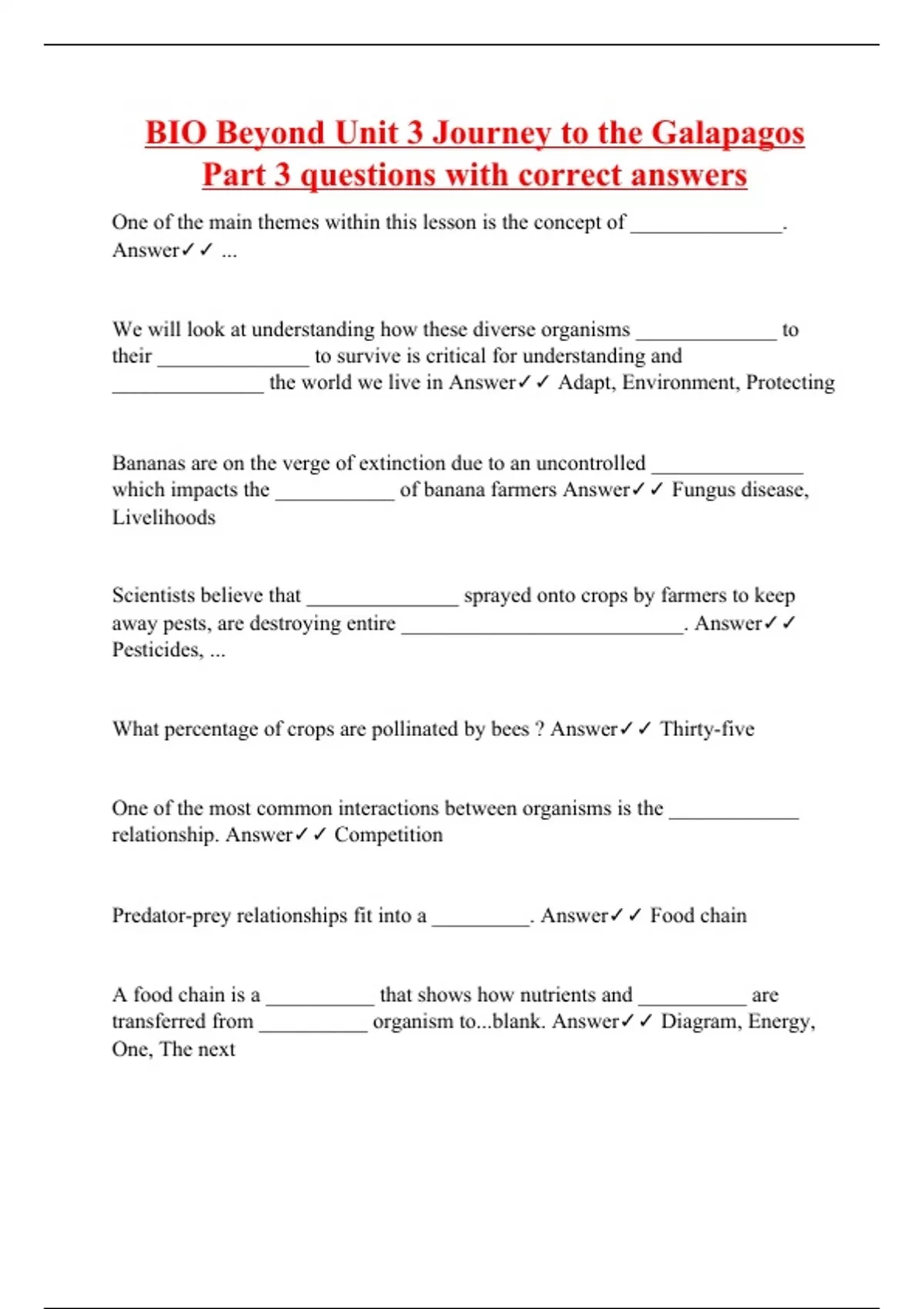 BIO Beyond Unit 3 Journey to the Galapagos Part 3 questions with ...