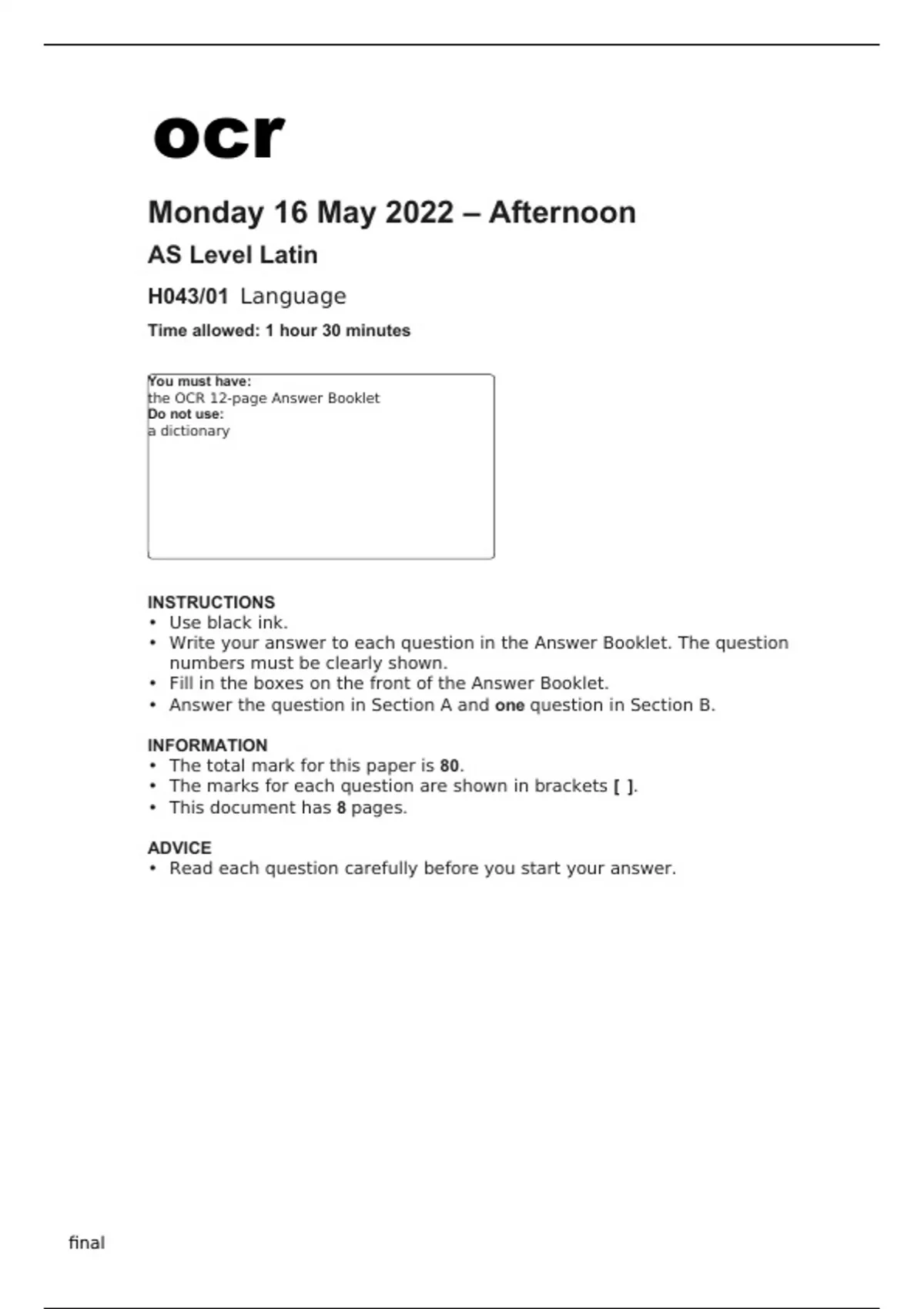 ocr AS Level Latin (H043-01) Question Paper May2022 - AS Level Latin QP ...