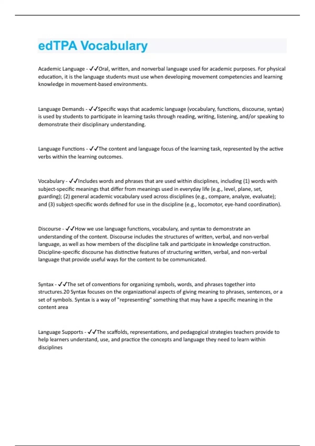 edTPA Vocabulary | Questions and Answers with complete solution - EdTPA ...