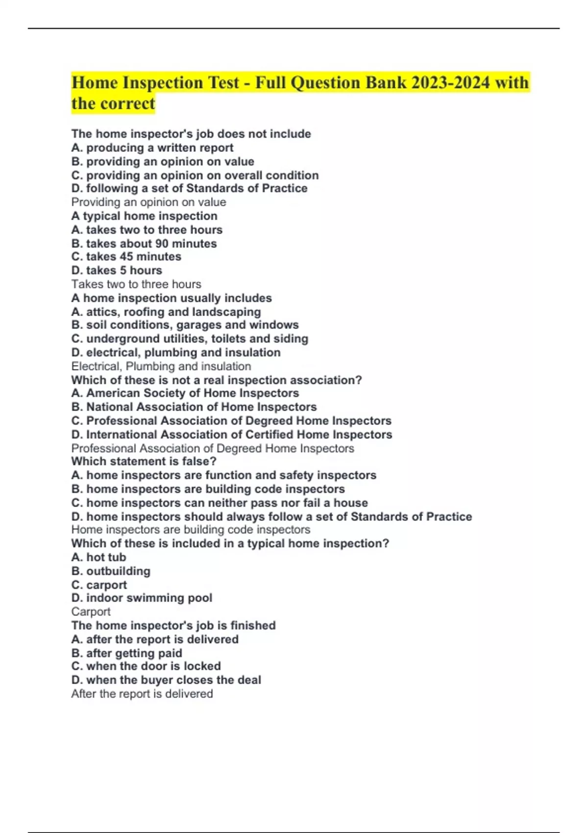 Home Inspection Test - Full Question Bank with the correct - Home ...