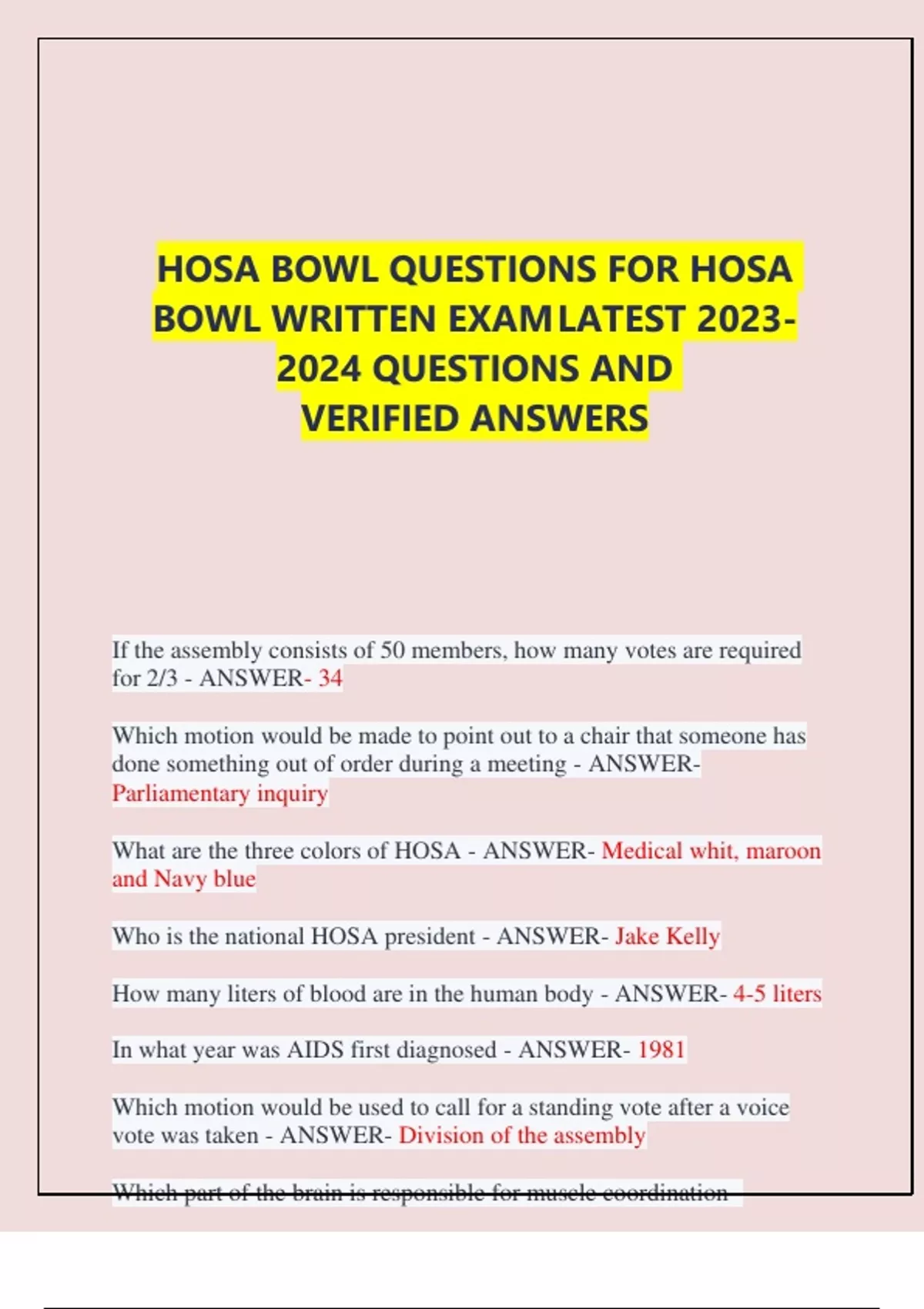 HOSA BOWL QUESTIONS FOR HOSA BOWL WRITTEN EXAM LATEST QUESTIONS AND ...