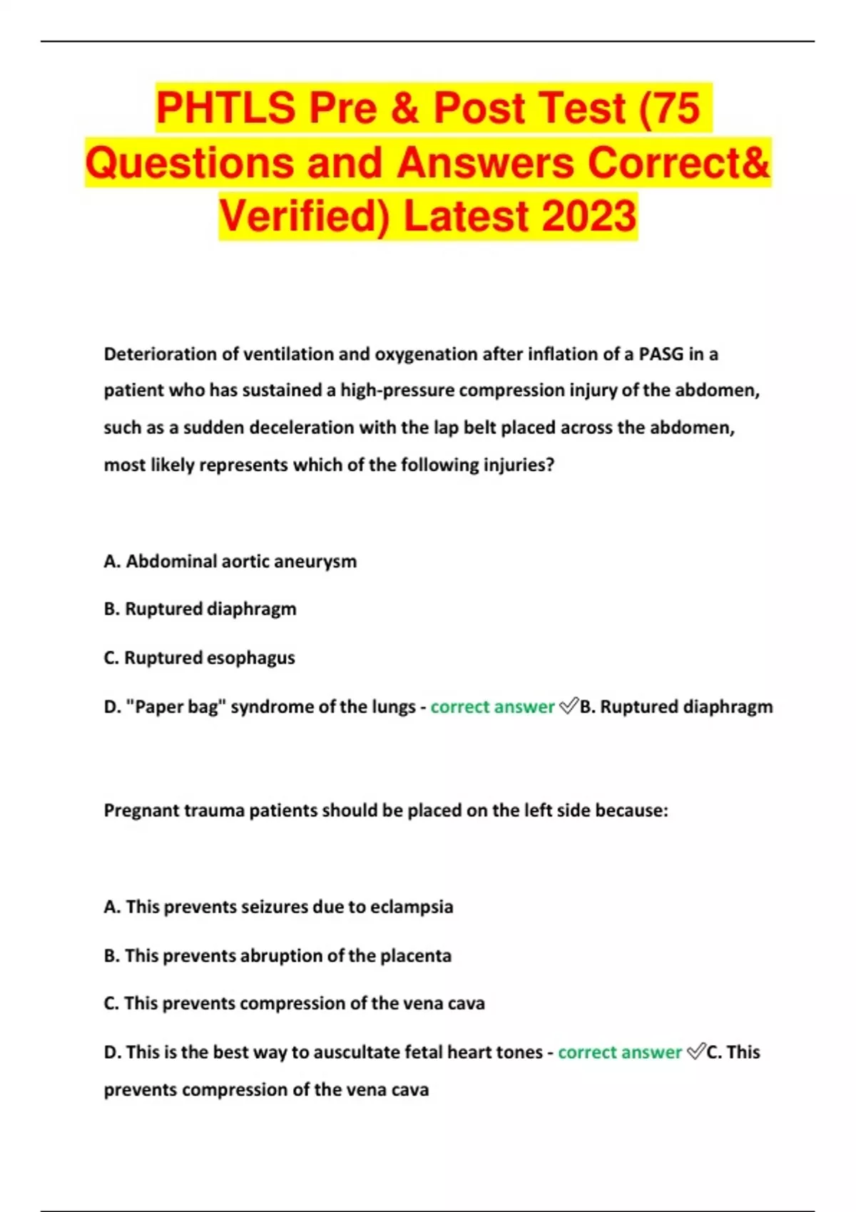 PHTLS Pre & Post Test (75 Questions and Answers Correct& Verified ...