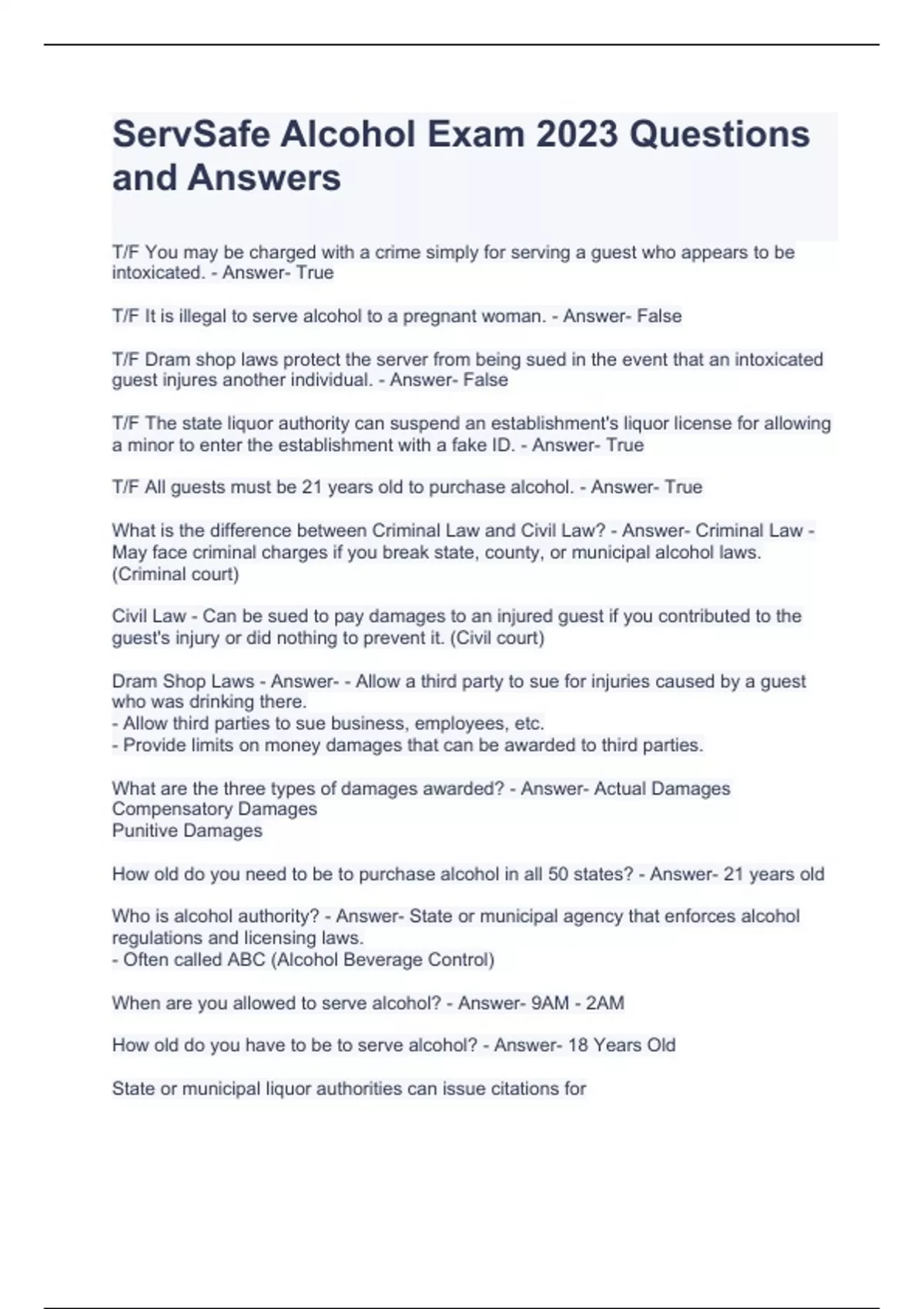 ServSafe Alcohol Exam 2023 Questions and Answers - ServSafe Alcohol ...