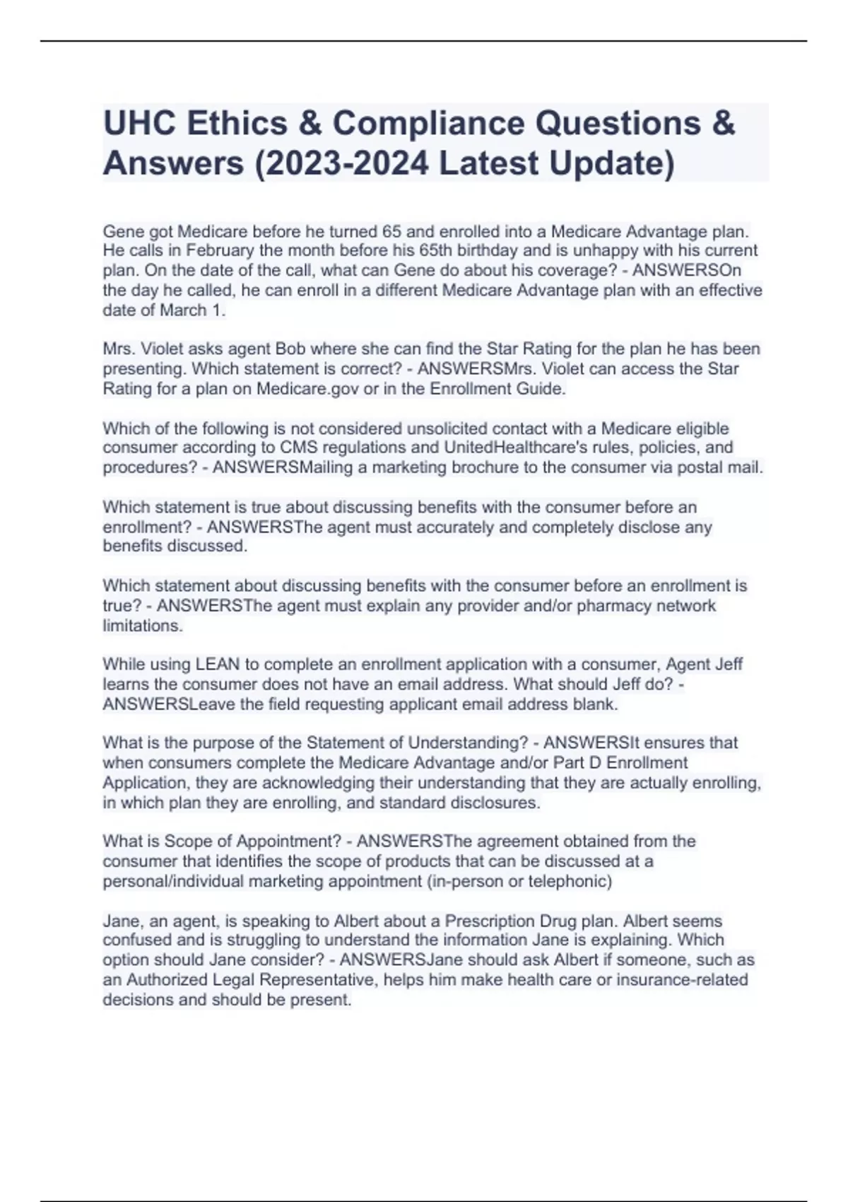 UHC Ethics & Compliance Questions & Answers ( Latest Update - UHC ...