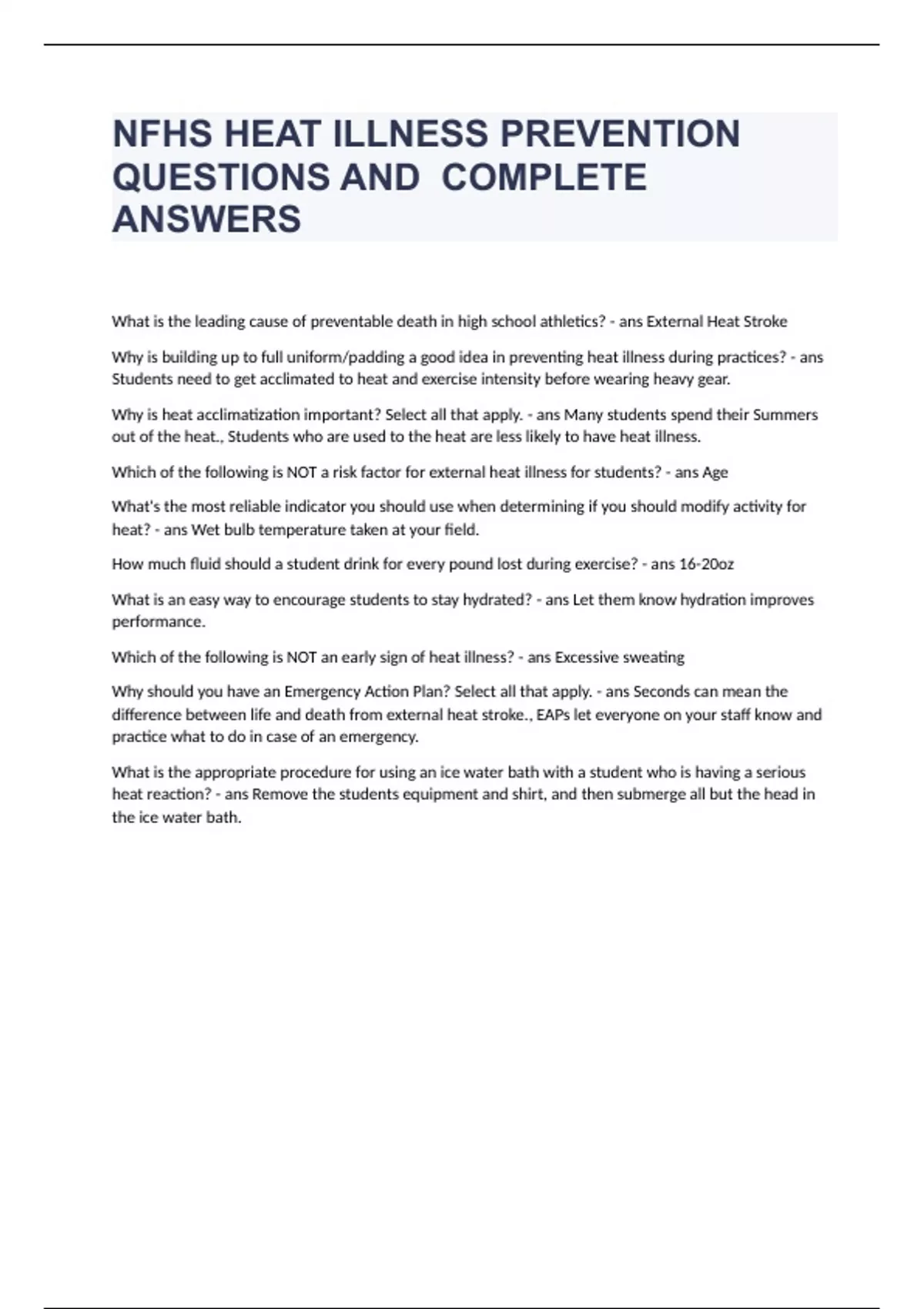 NFHS HEAT ILLNESS PREVENTION QUESTIONS AND COMPLETE ANSWERS - Nfhs ...
