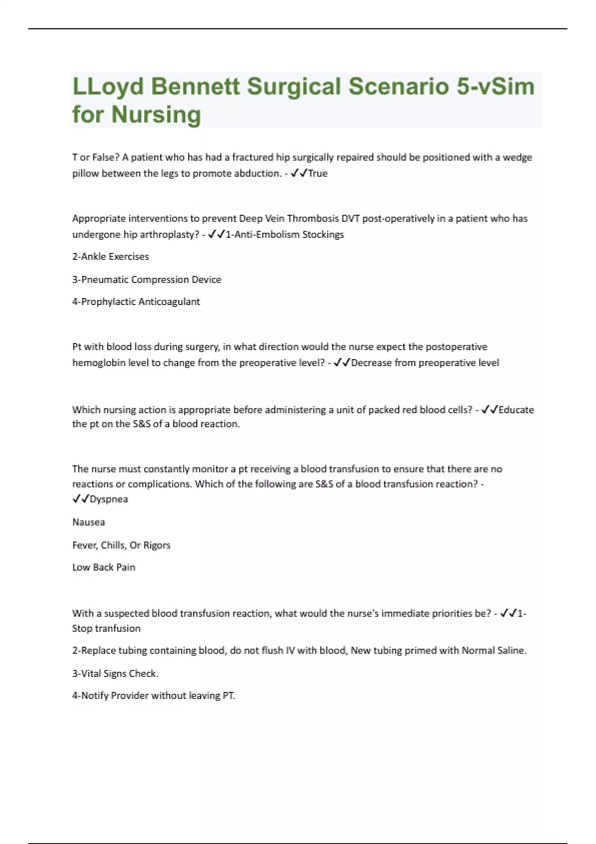 LLoyd Bennett Surgical Scenario 5-vSim for Nursing | Questions and Answers with complete ...