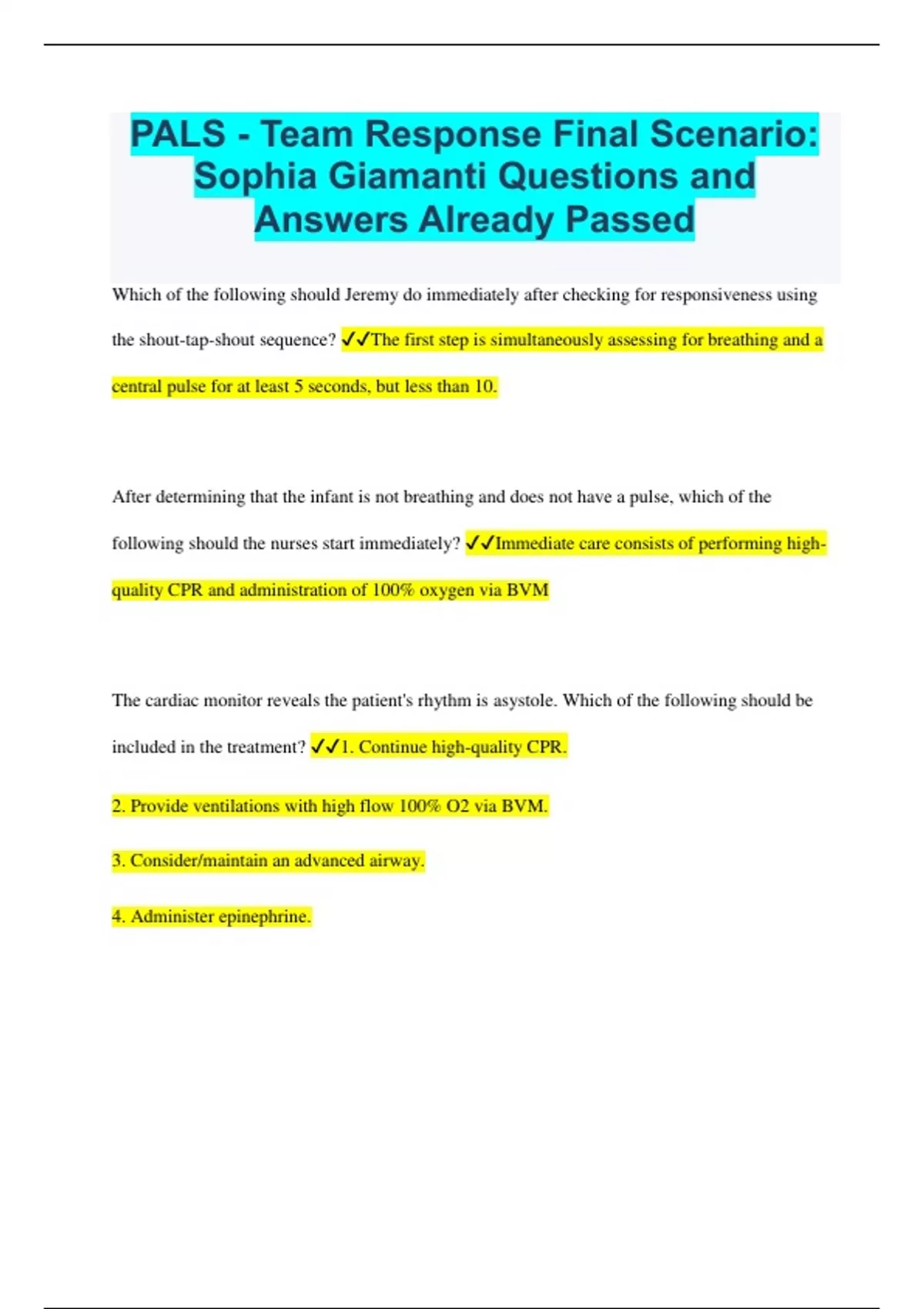 PALS - Team Response Final Scenario: Sophia Giamanti Questions and Answers Already Passed - PALS ...