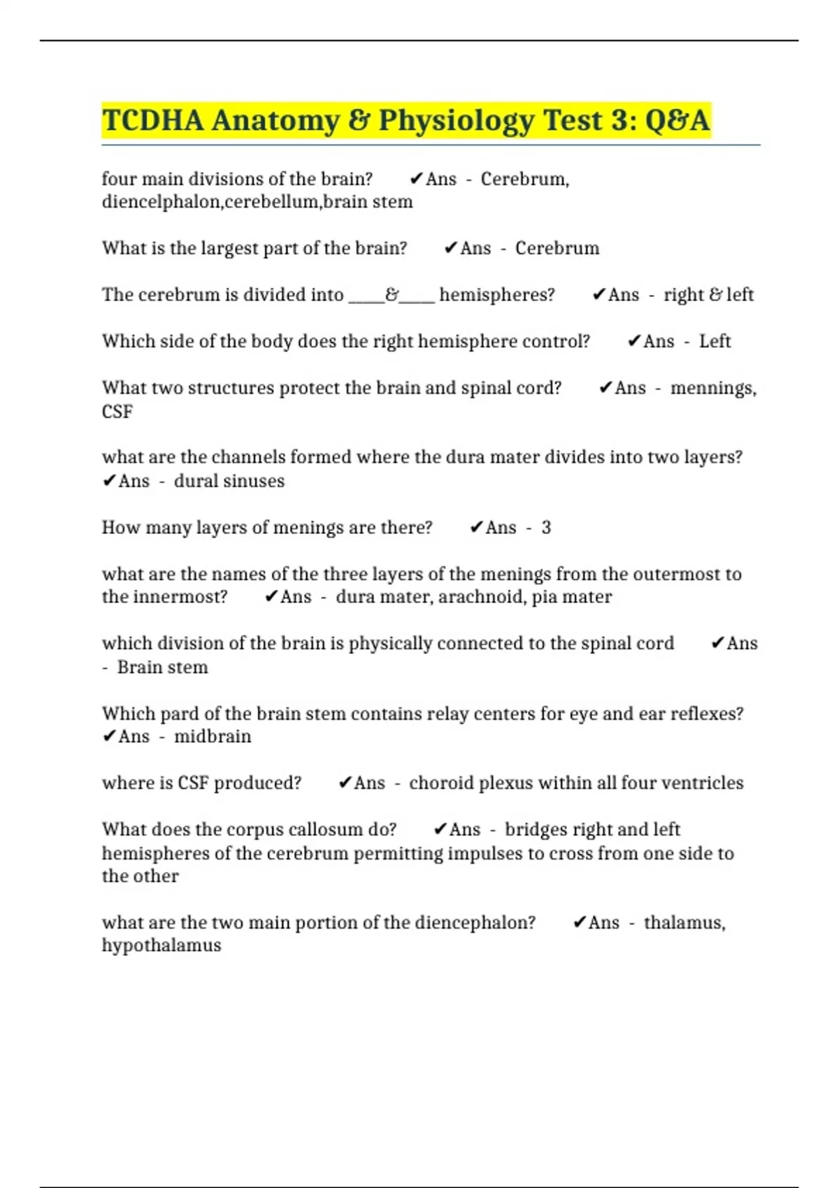 TCDHA Anatomy & Physiology Test 3: Q&A - TCDHA Anatomy & Physiology ...