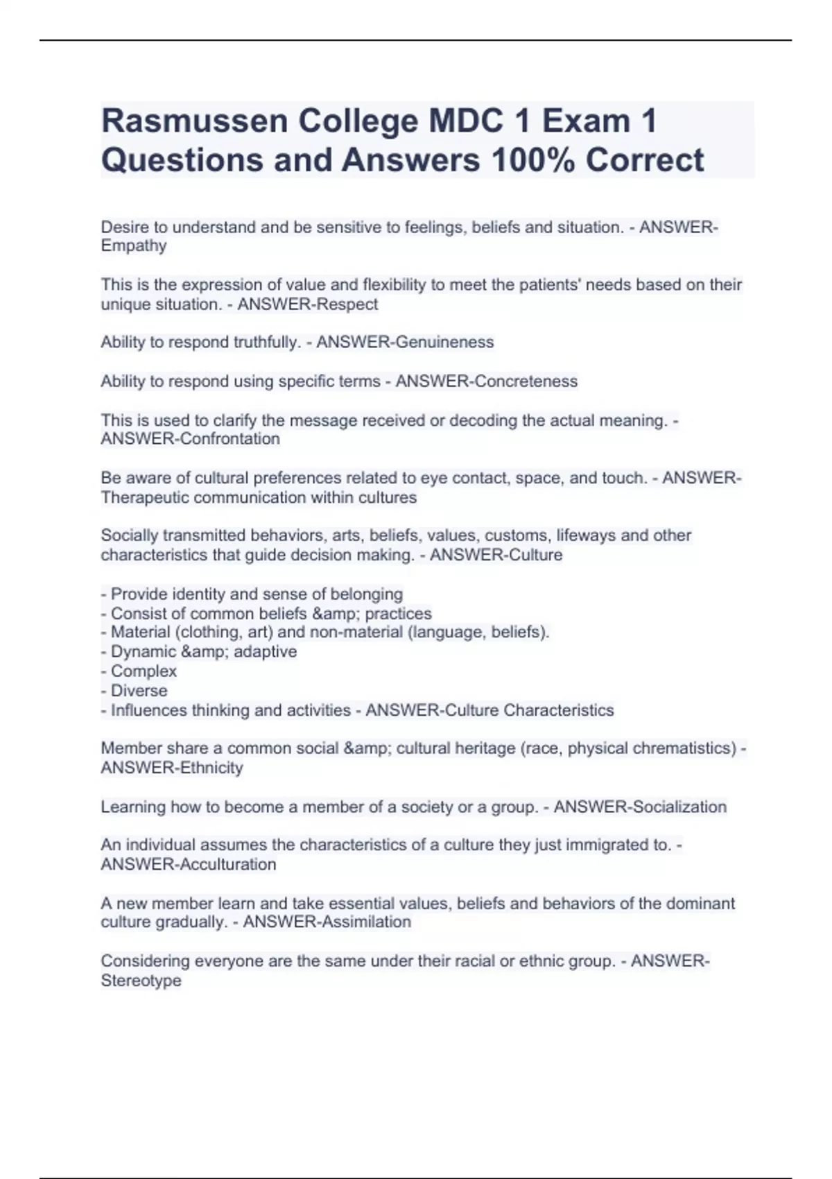 Rasmussen College MDC 1 Exam 1 STUDY BUNDLE | FULL PACK SOLUTION (100% ...