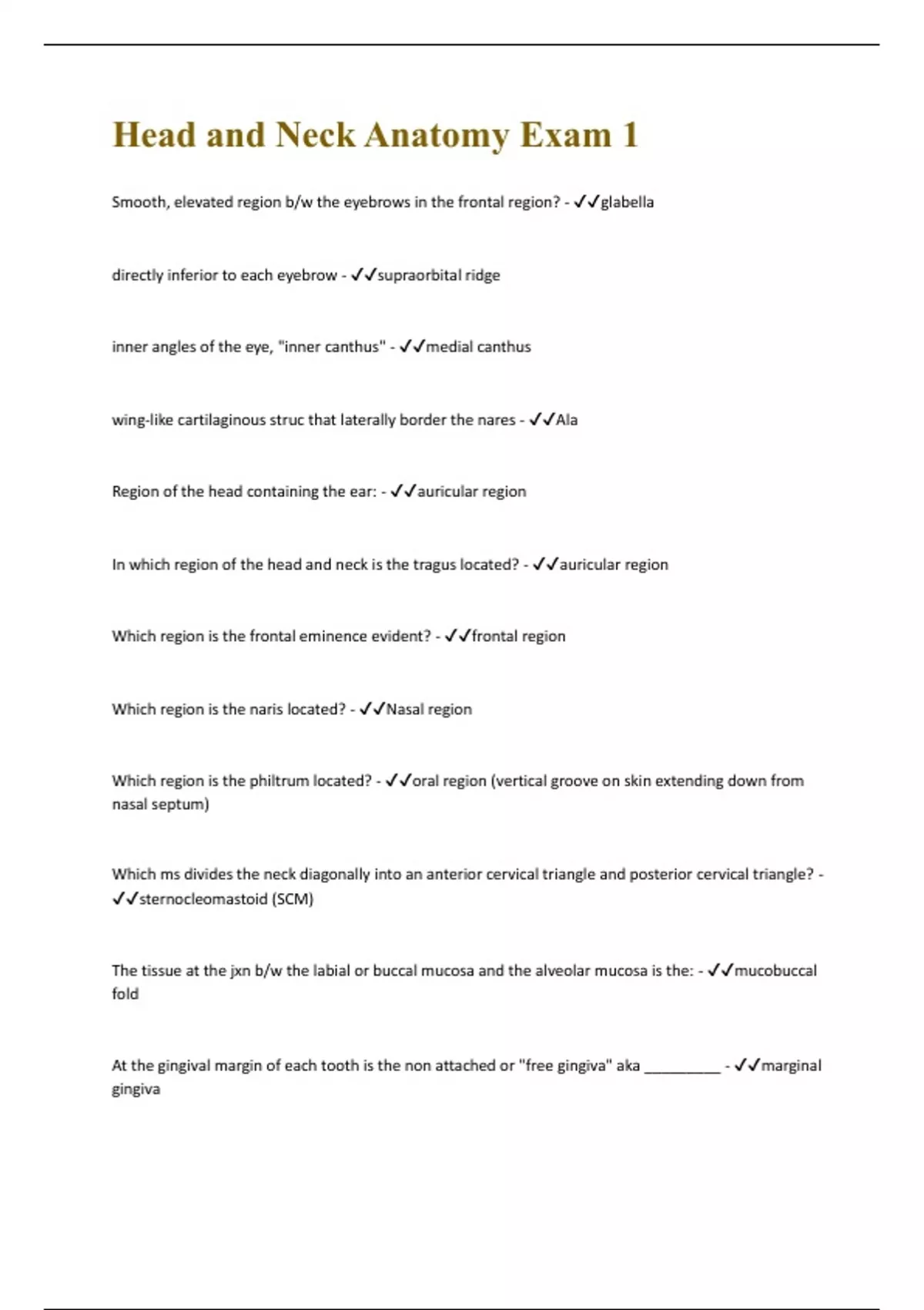 Head and Neck Anatomy Exam 1 | 128 QUESTIONS AND ANSWERS WITH COMPLETE ...