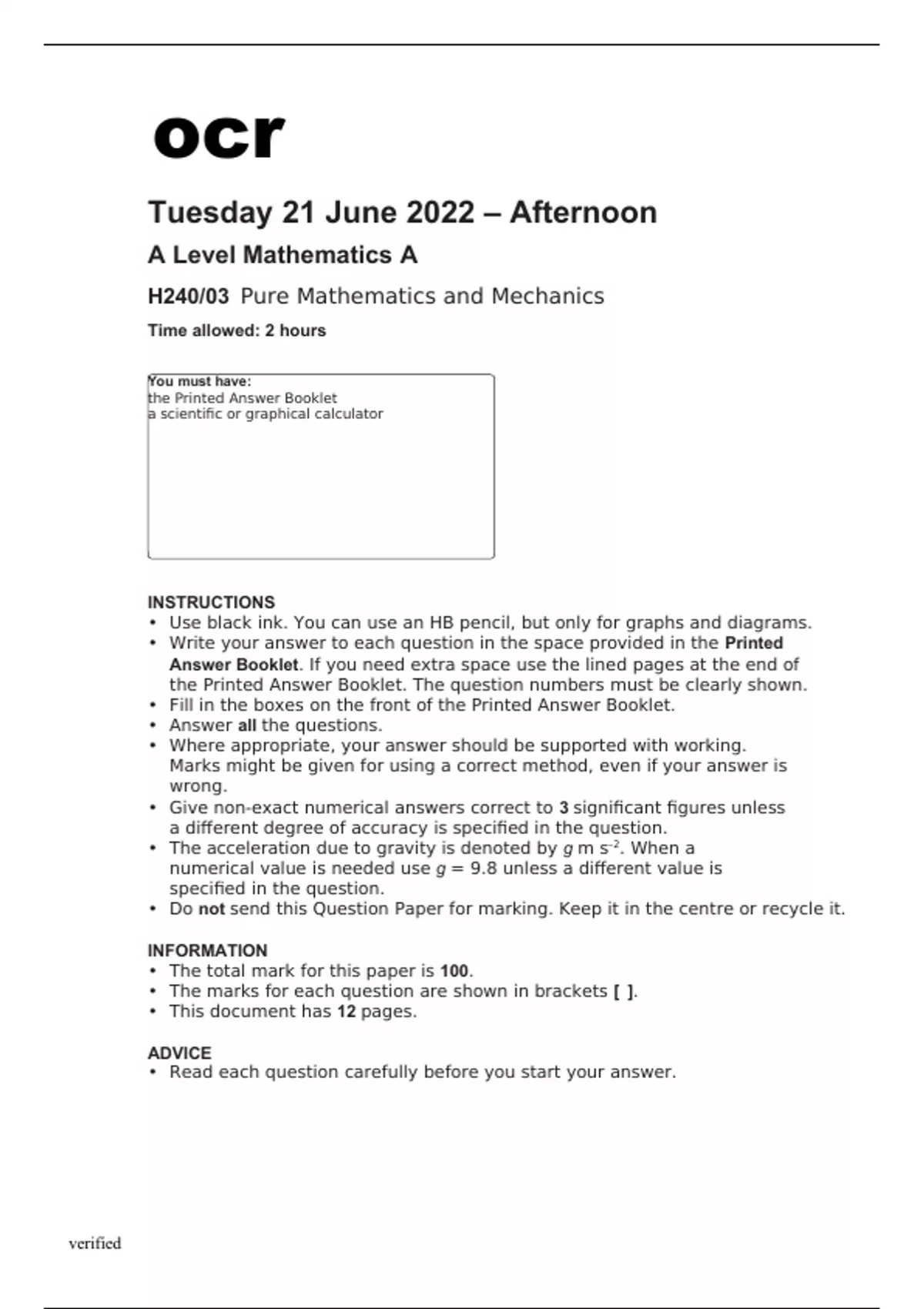 ocr A Level Mathematics A (H240-03) Question Paper June2022 - A Level Mathematics A QP - Stuvia US